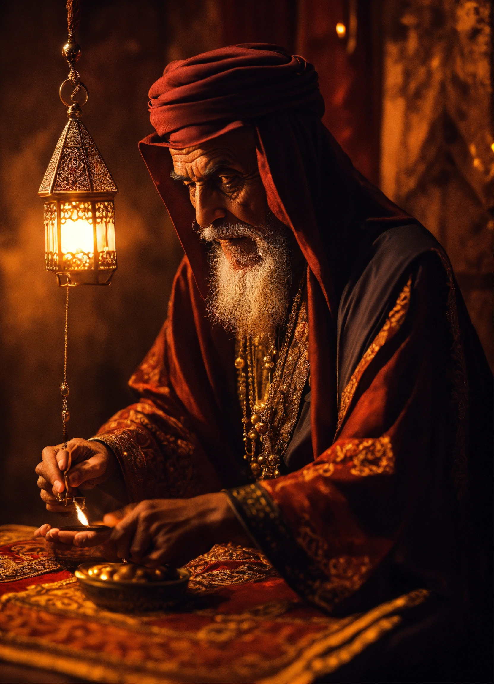 Lexica - An old Arabian magician creating a charm. Scary vibes.