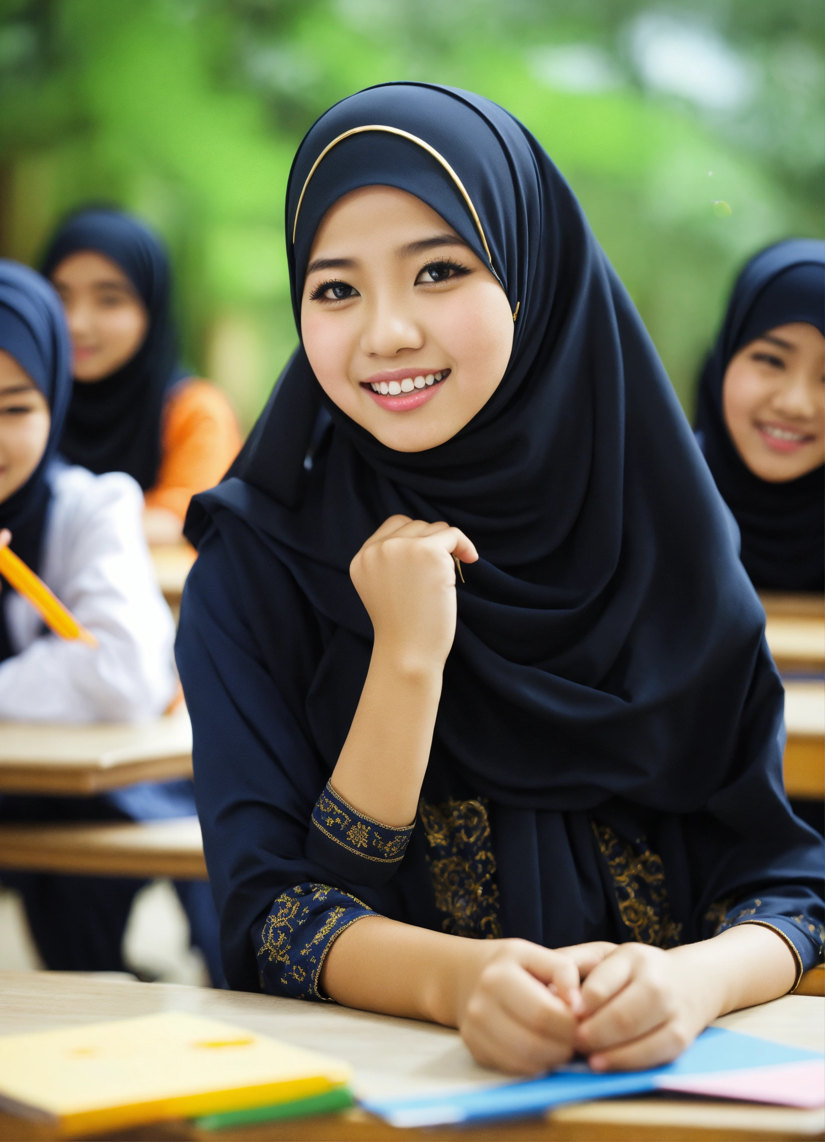 Lexica - Niji style muslimah school girl, playful in class room with ...