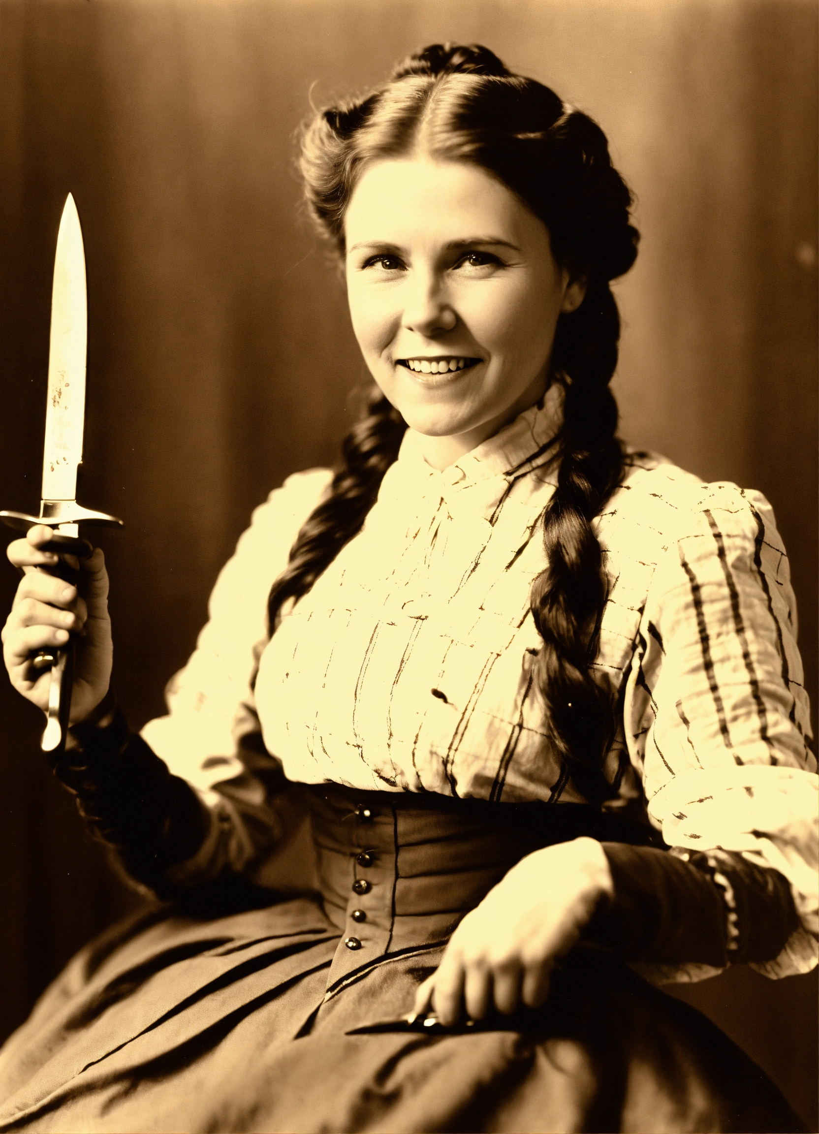 Lexica - Belle Gunness with a knife in her hand smiling looking like ...