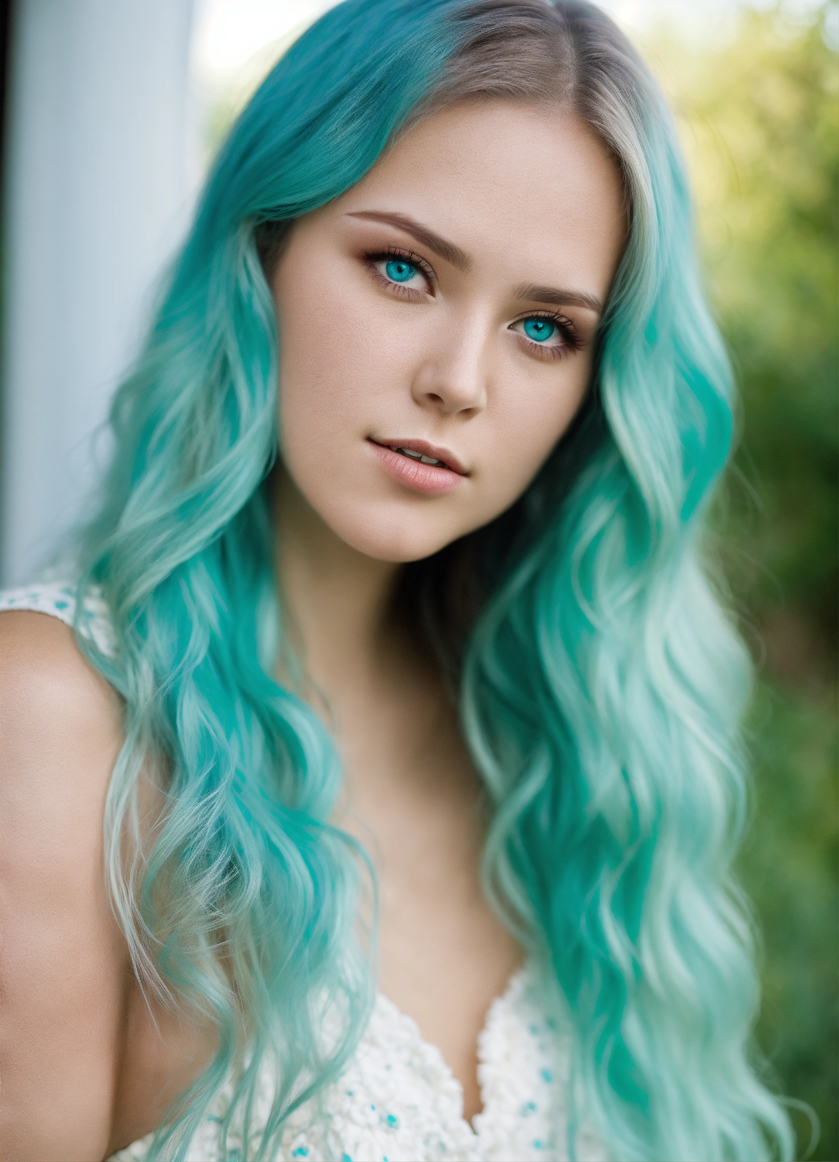 Lexica - White woman, fair skin, long bright cyan wavy hair, cyan eyes