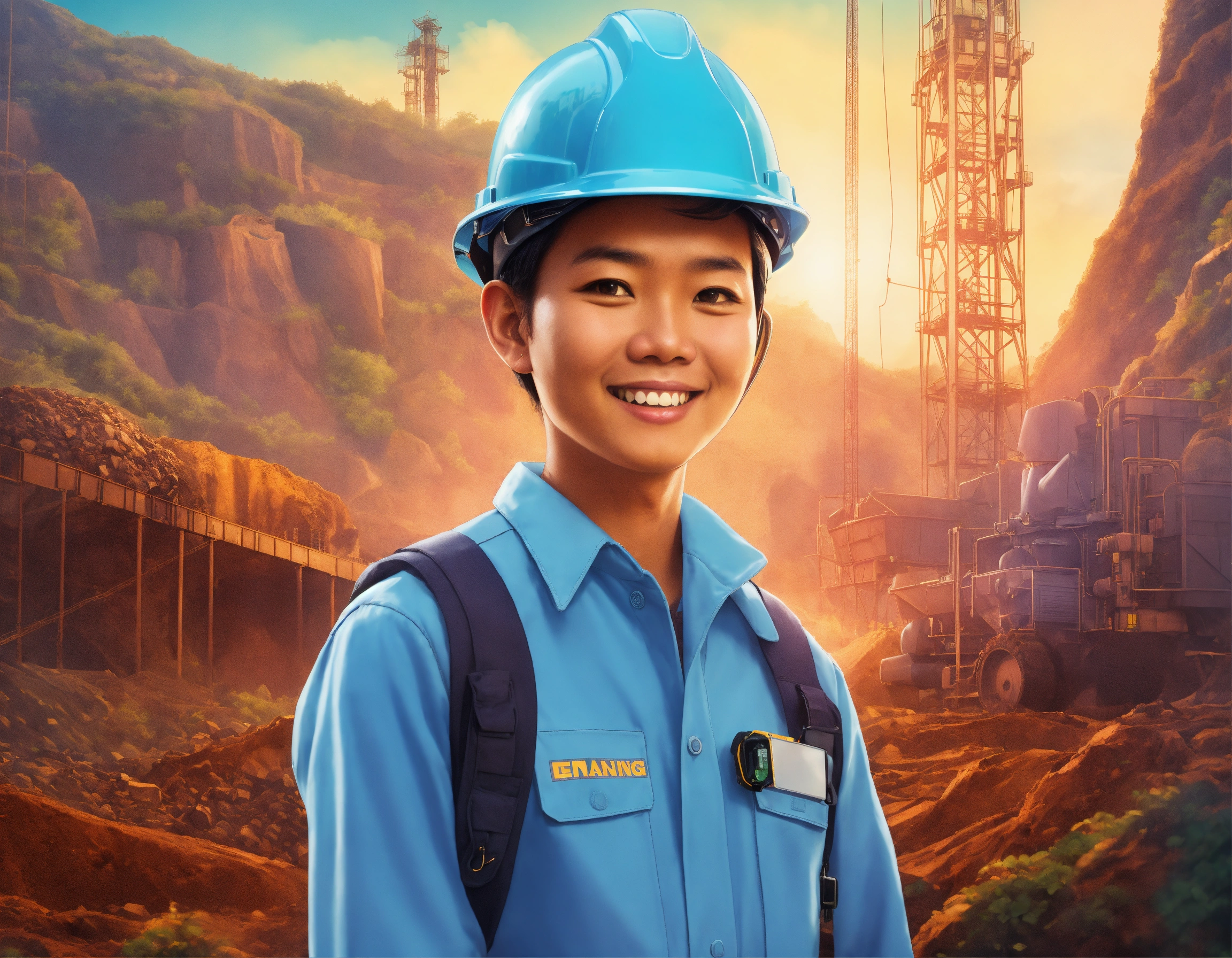 Lexica - Young technical officer wearing light blue engineering uniform, security helmet ...