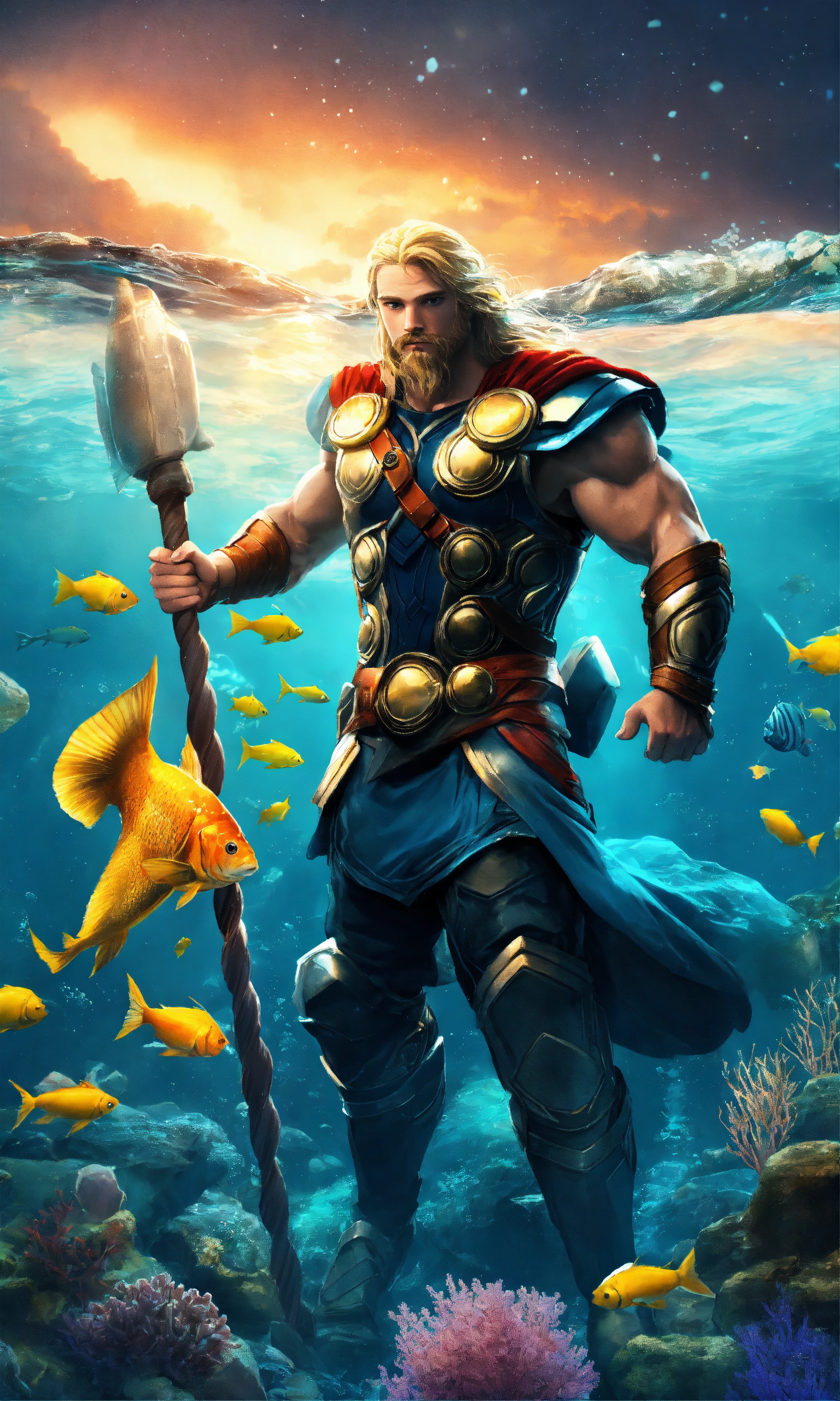 Lexica - Thor with fish underwater in the ocean, nature background, 2D ...