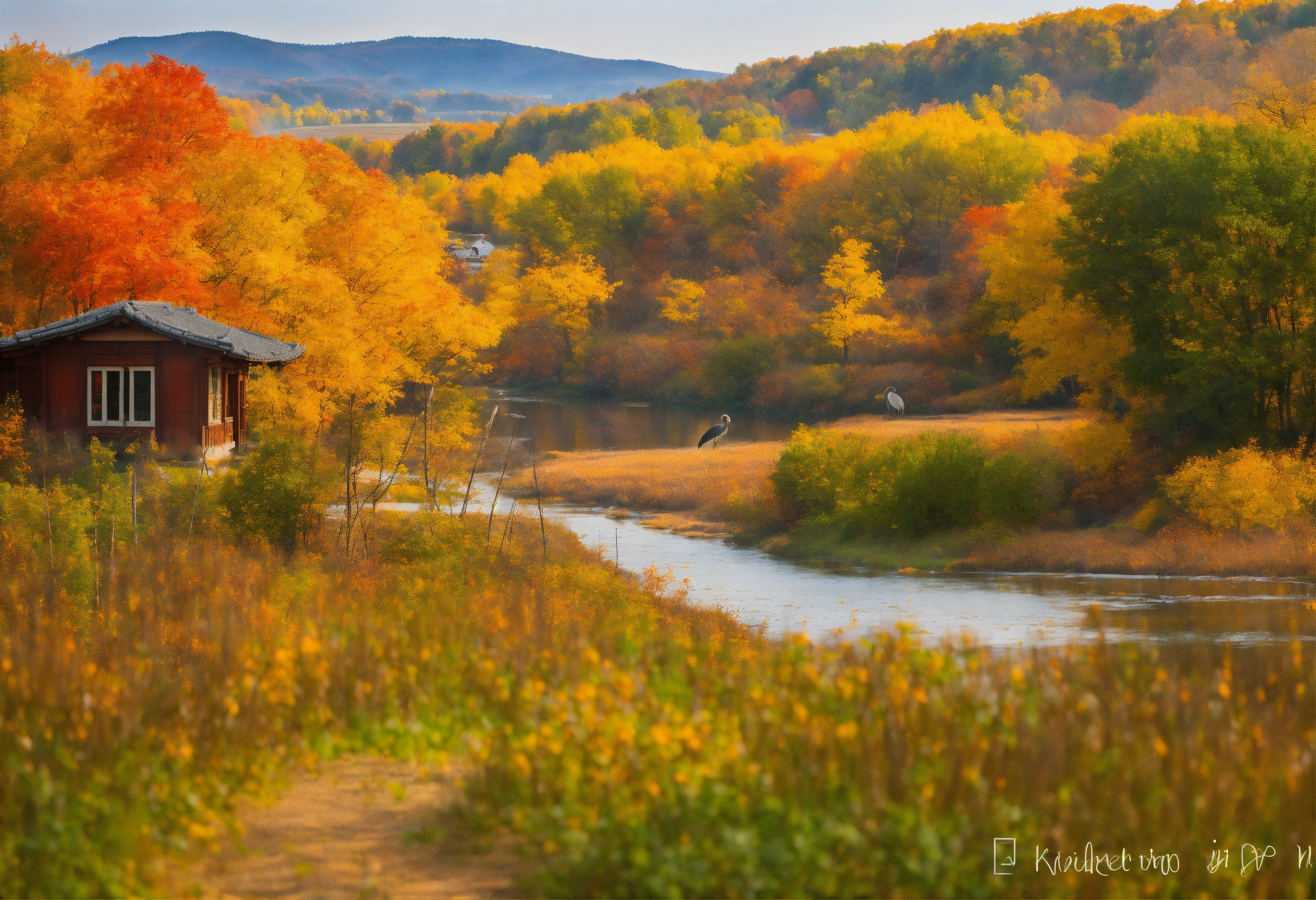 Lexica - Impressionistic, wooden Hanok on a hill in background with a ...