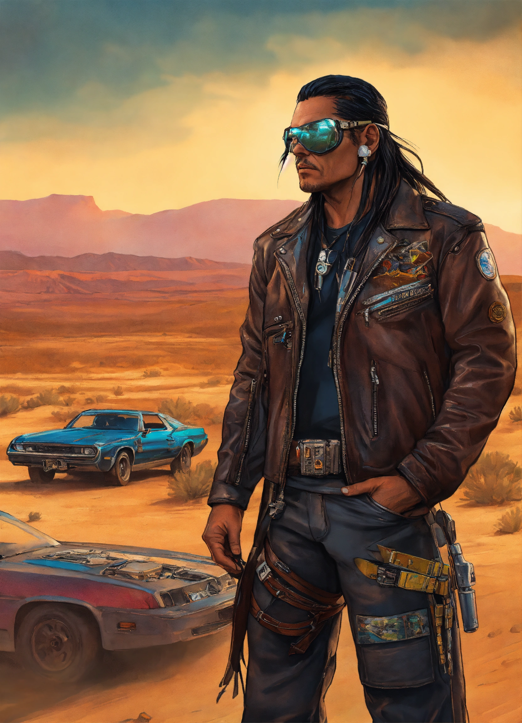 Lexica - Cyberpunk native American, mechanic 50 years old in leather ...