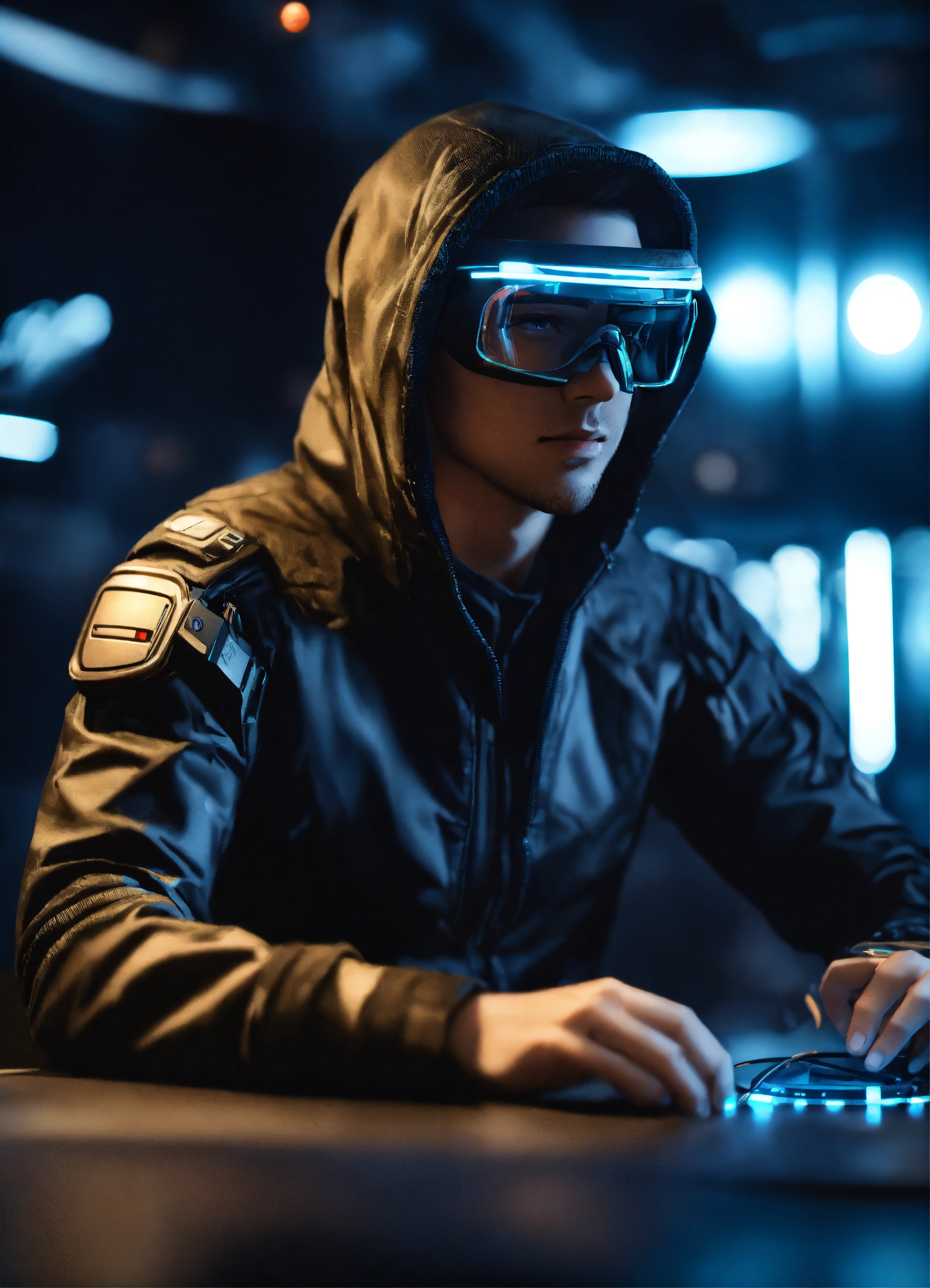 Lexica - Nerdy 25 year old male hacker wearing futuristic clothing, hi ...