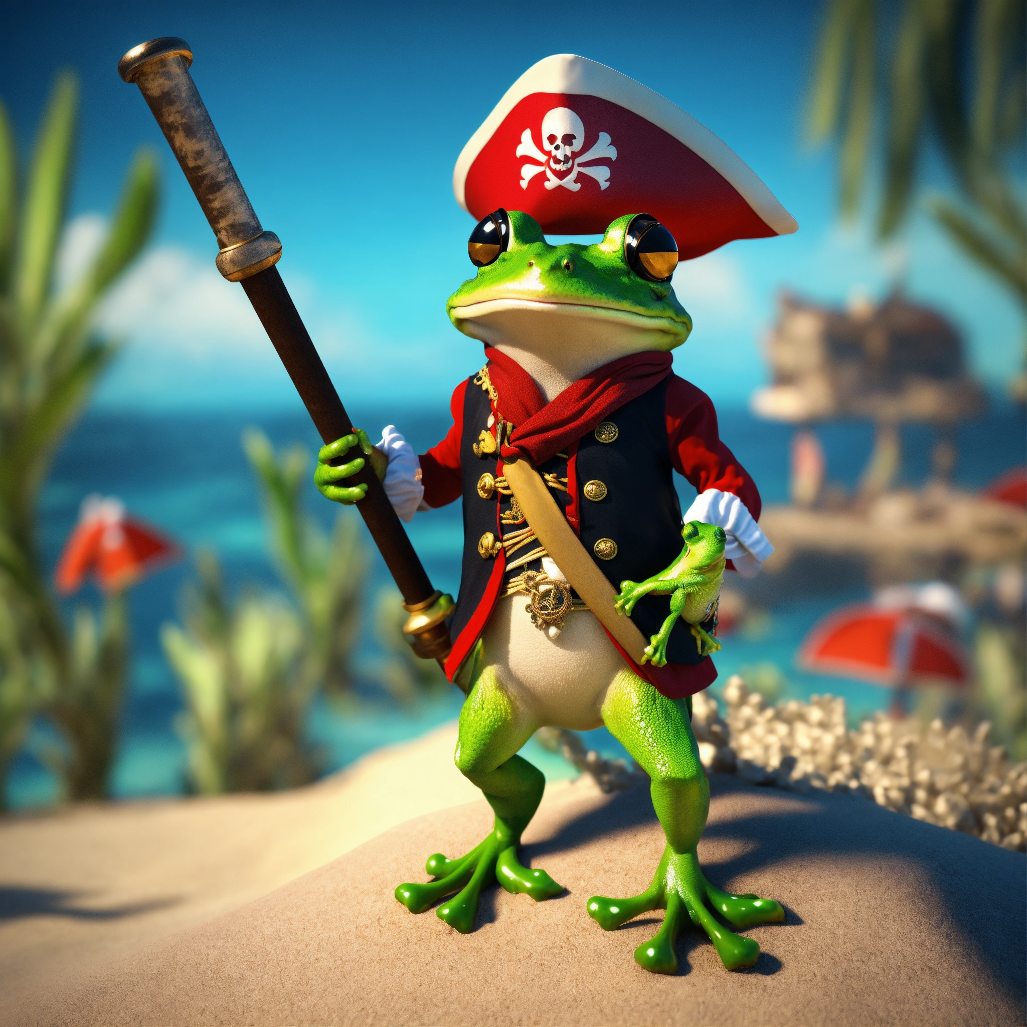 Lexica - Pirate frog, wearing a pirate hat, holding a pirate flag ...