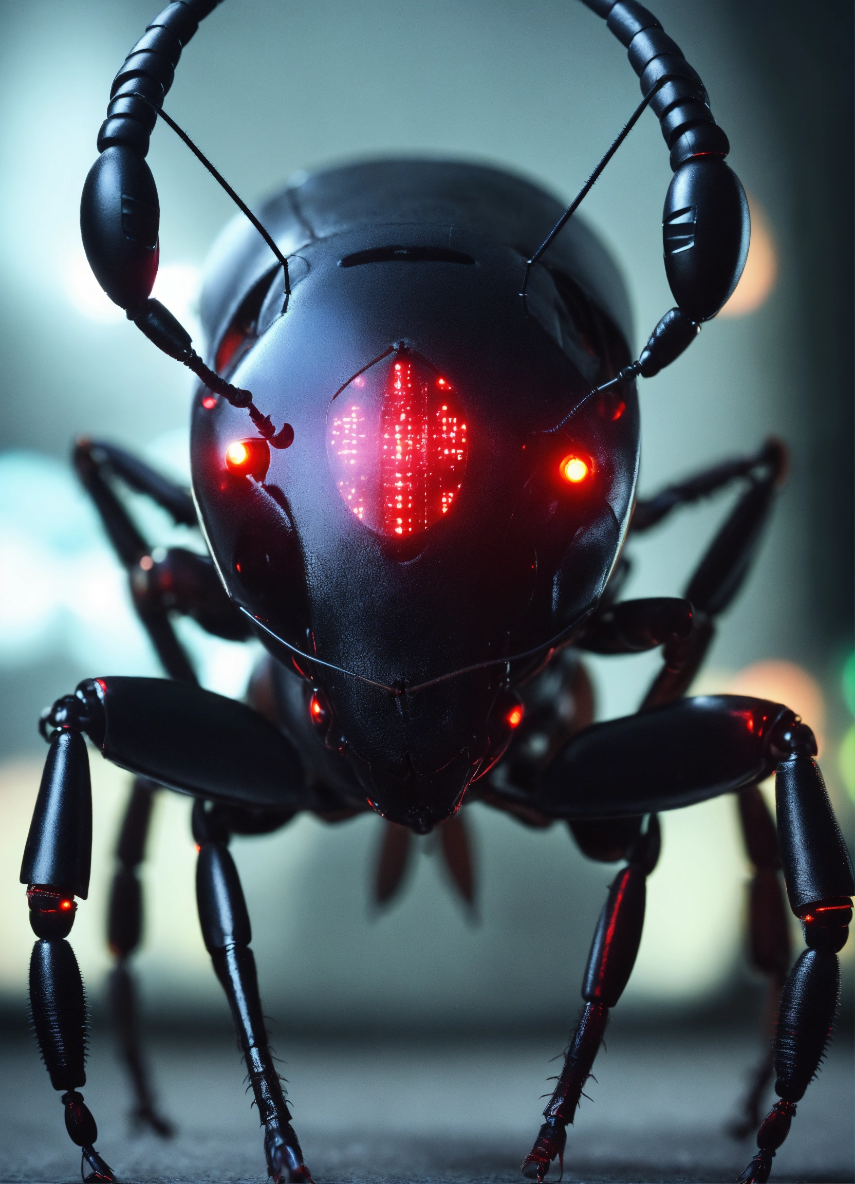 Lexica - Zoom out of black cockroach faced humanoid with red glowing ...