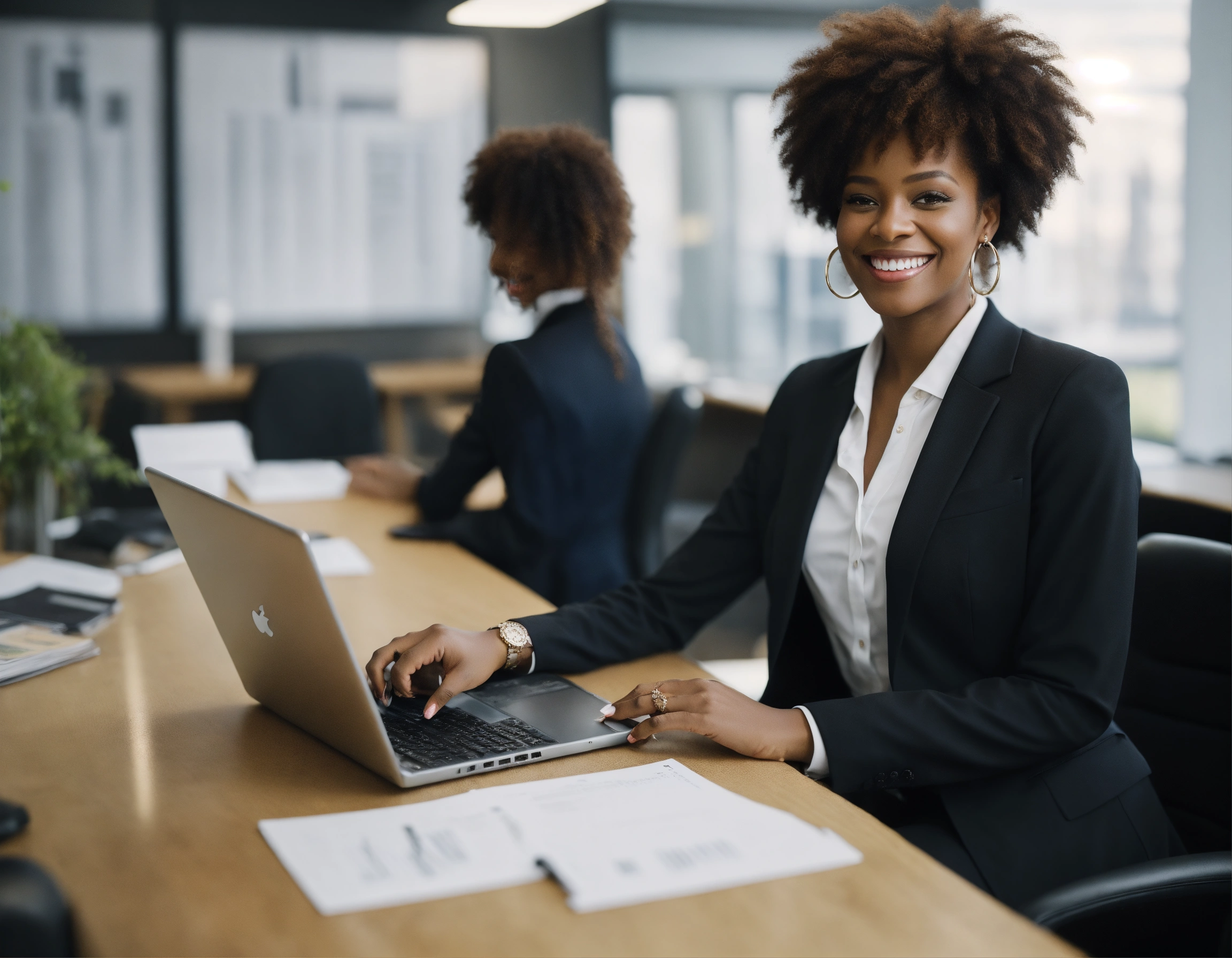 Lexica - Fashion Portrait a black woman, smiling, in tax office ...
