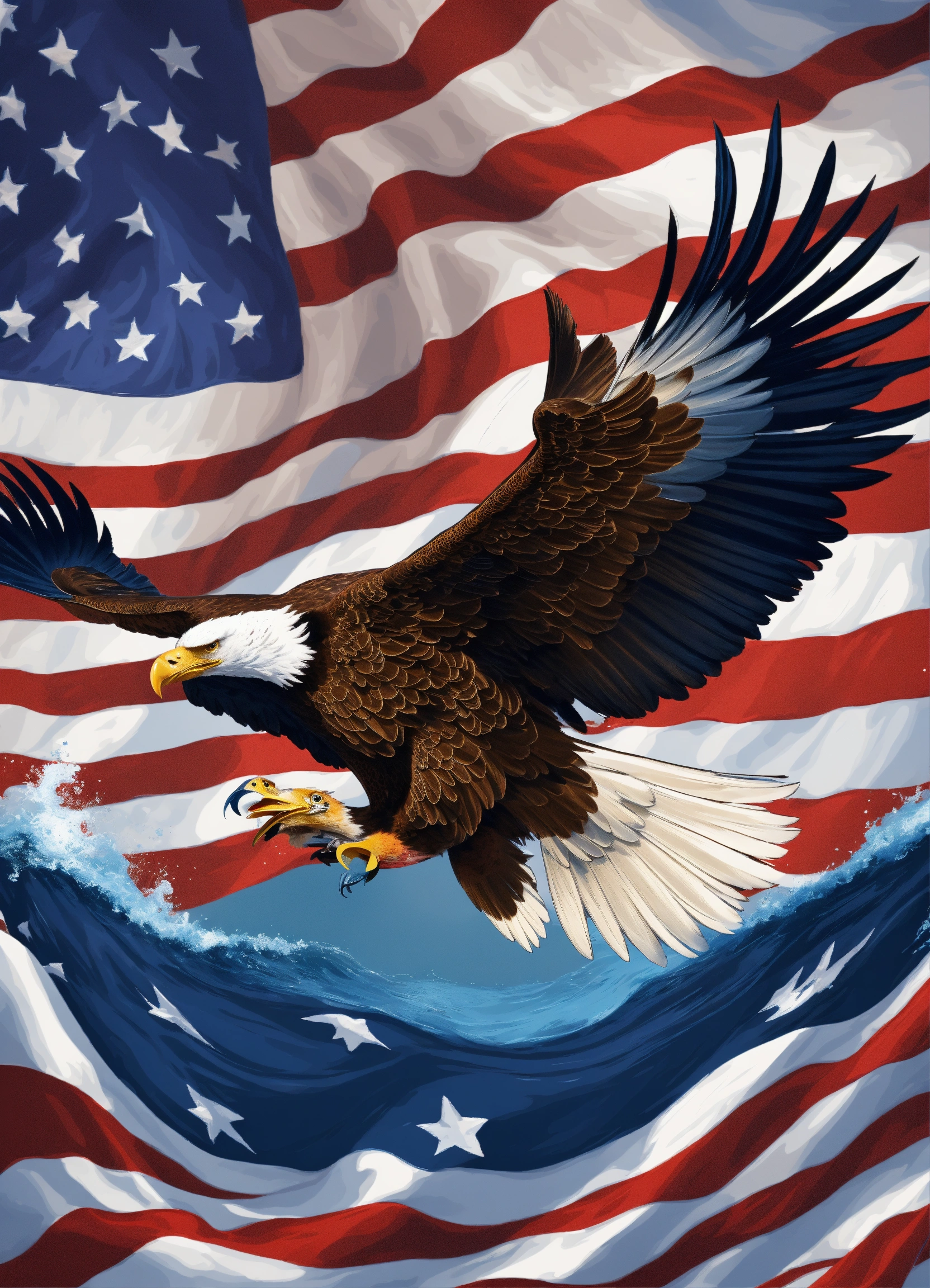 Lexica - American eagle with fish in claws flying through the American ...