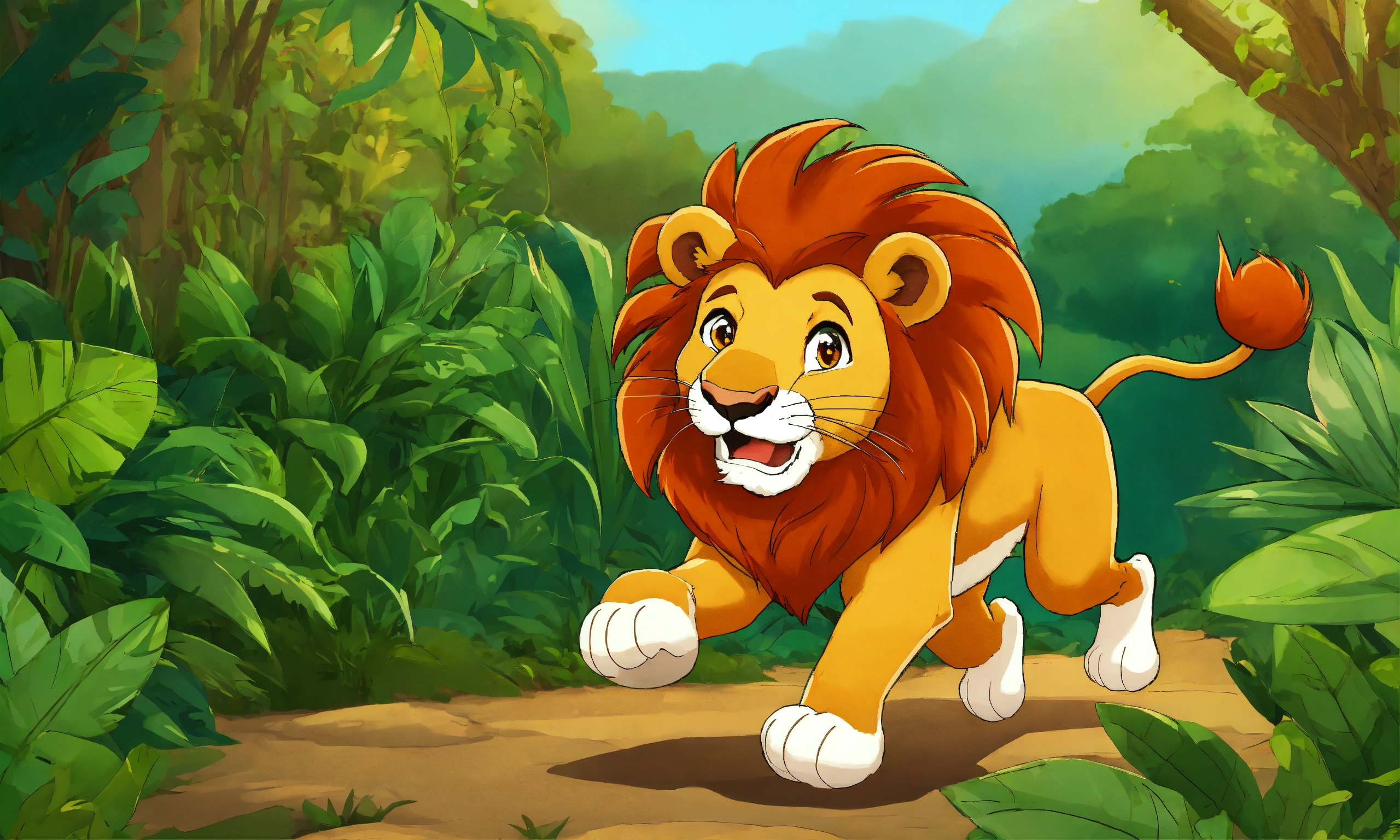 Lexica - Cartoon lion running in jungle