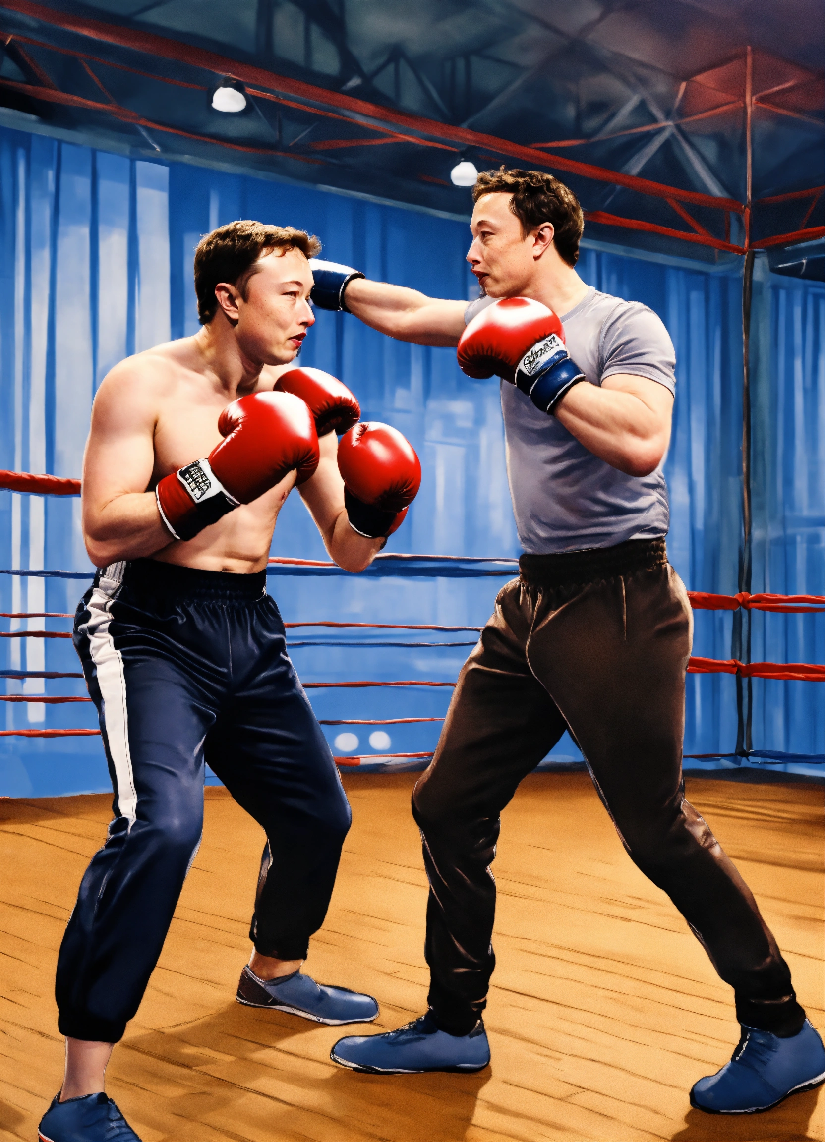Lexica - Elon musk fighting marc zuckerberg, boxing with gloves, realistic