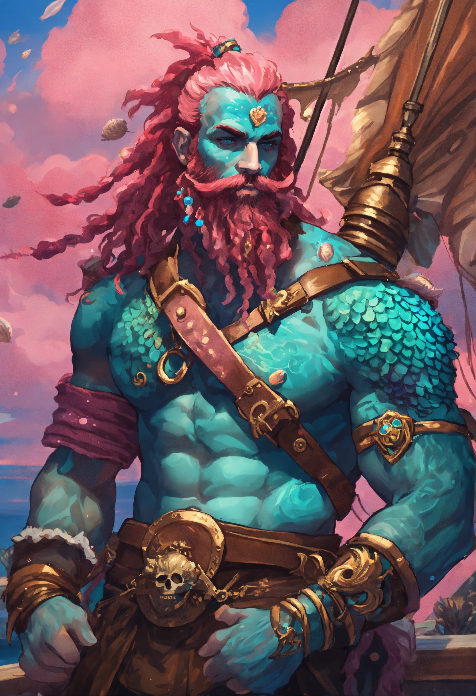 Lexica - A buff muscular Merman pirate with scales across his blue skin ...