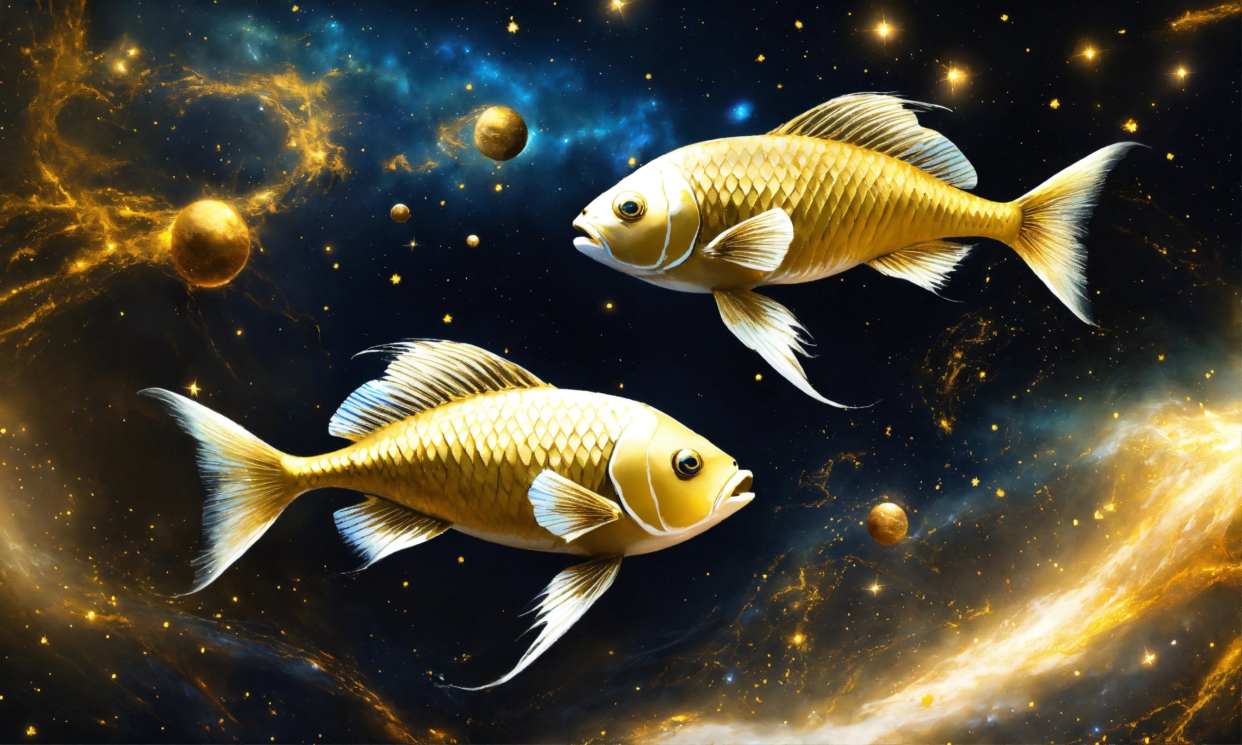 Lexica - Two gold and white mythical fish opposite each other, zodiac ...