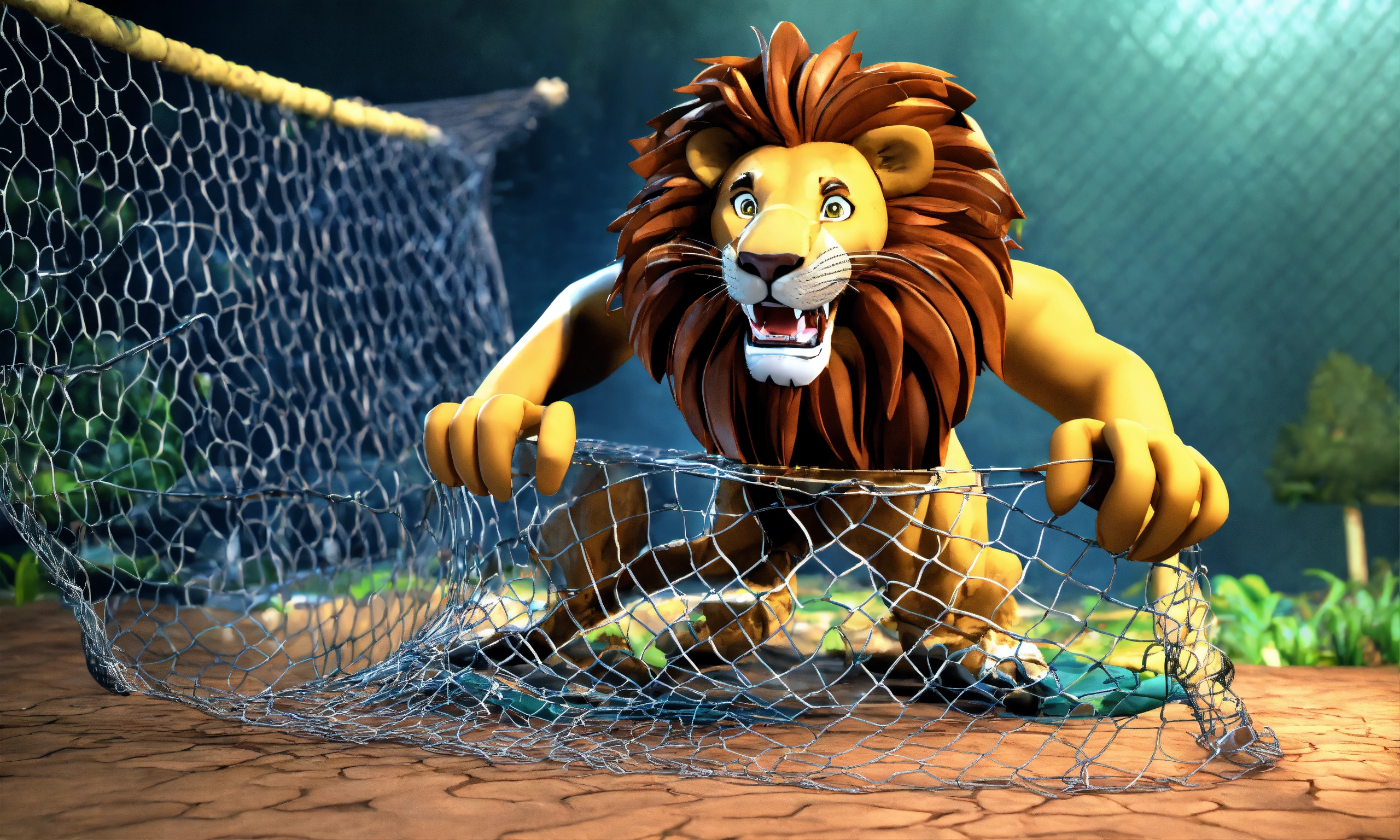 Lexica - Cartoon 3d big lion trapped in net