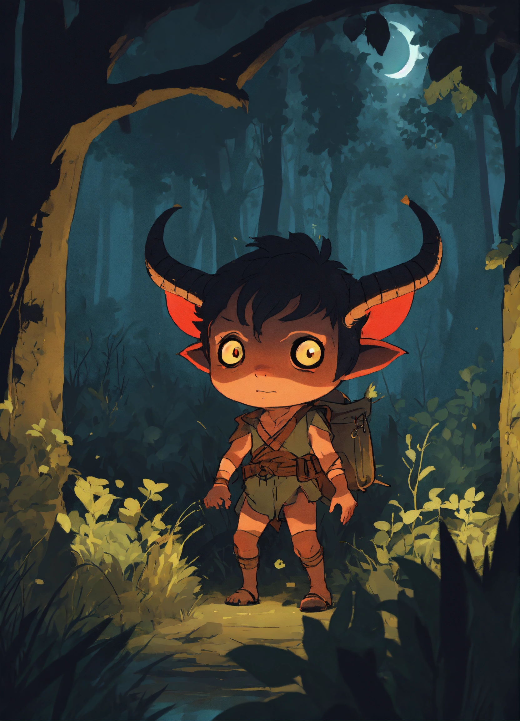 Lexica - Small demon boy with small horns , in a forest at night ...