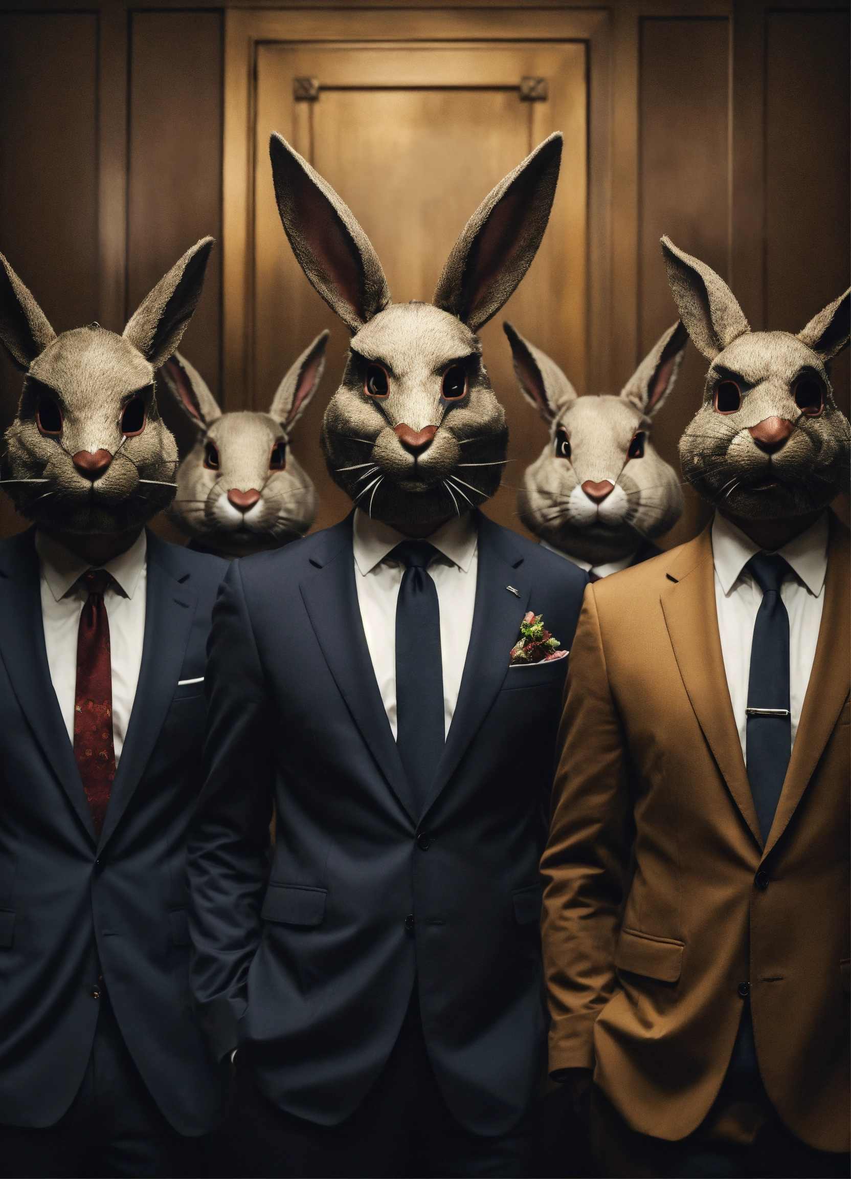 Lexica - A line of people in business suits wearing ominous rabbit ...