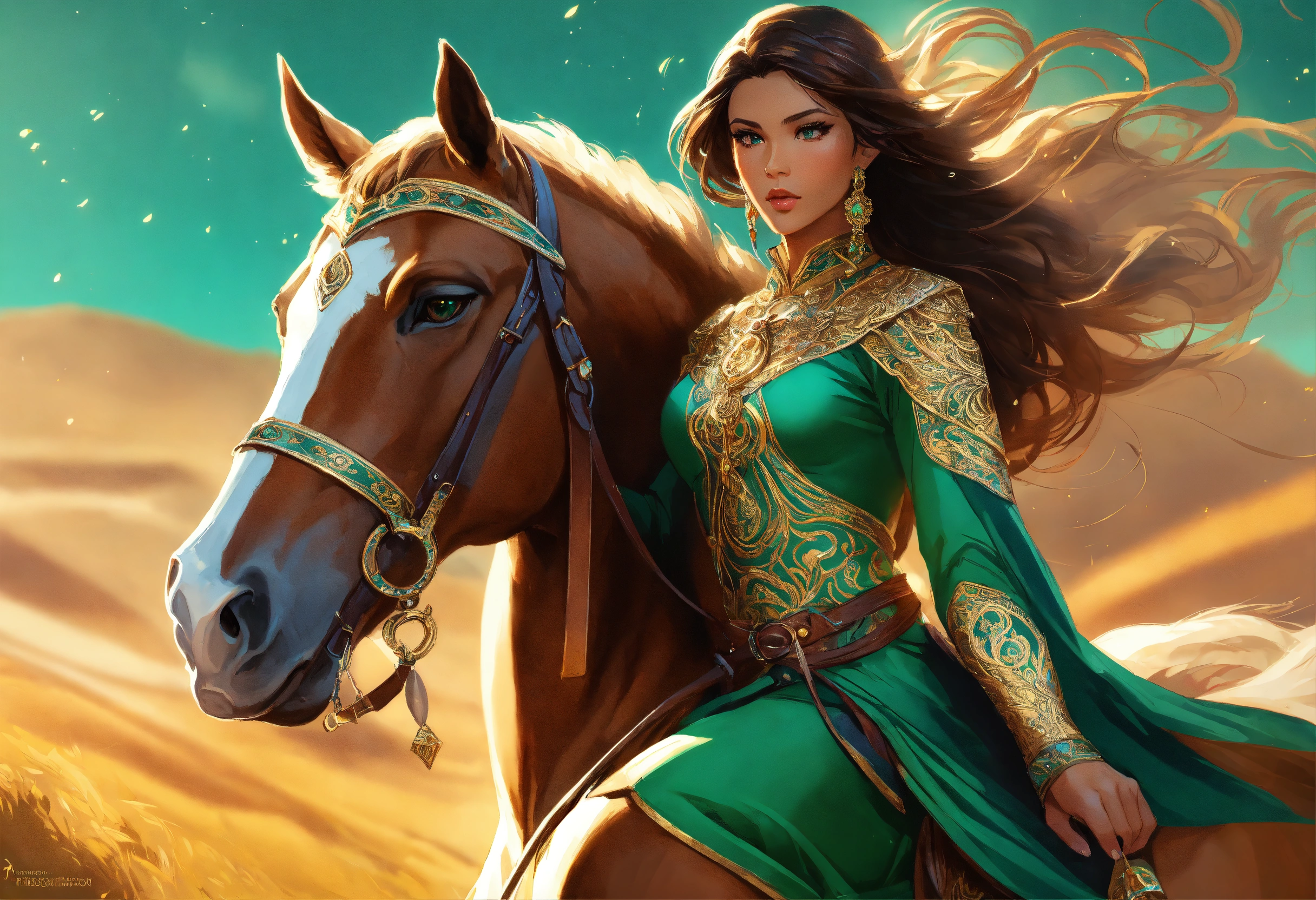 Lexica - Gorgeous Persian elf female warrior riding large brown horse ...