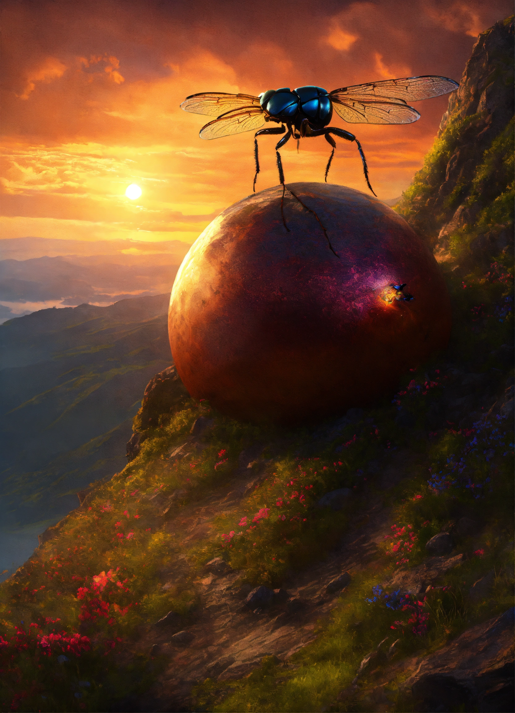 Lexica - A giant beetle pushing a planet up a mountain. a sunset with ...