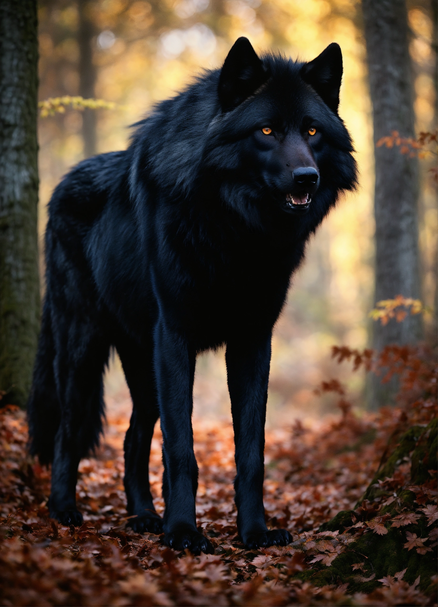 Lexica - Massive, black fur, wolf, in the woods, red eyes