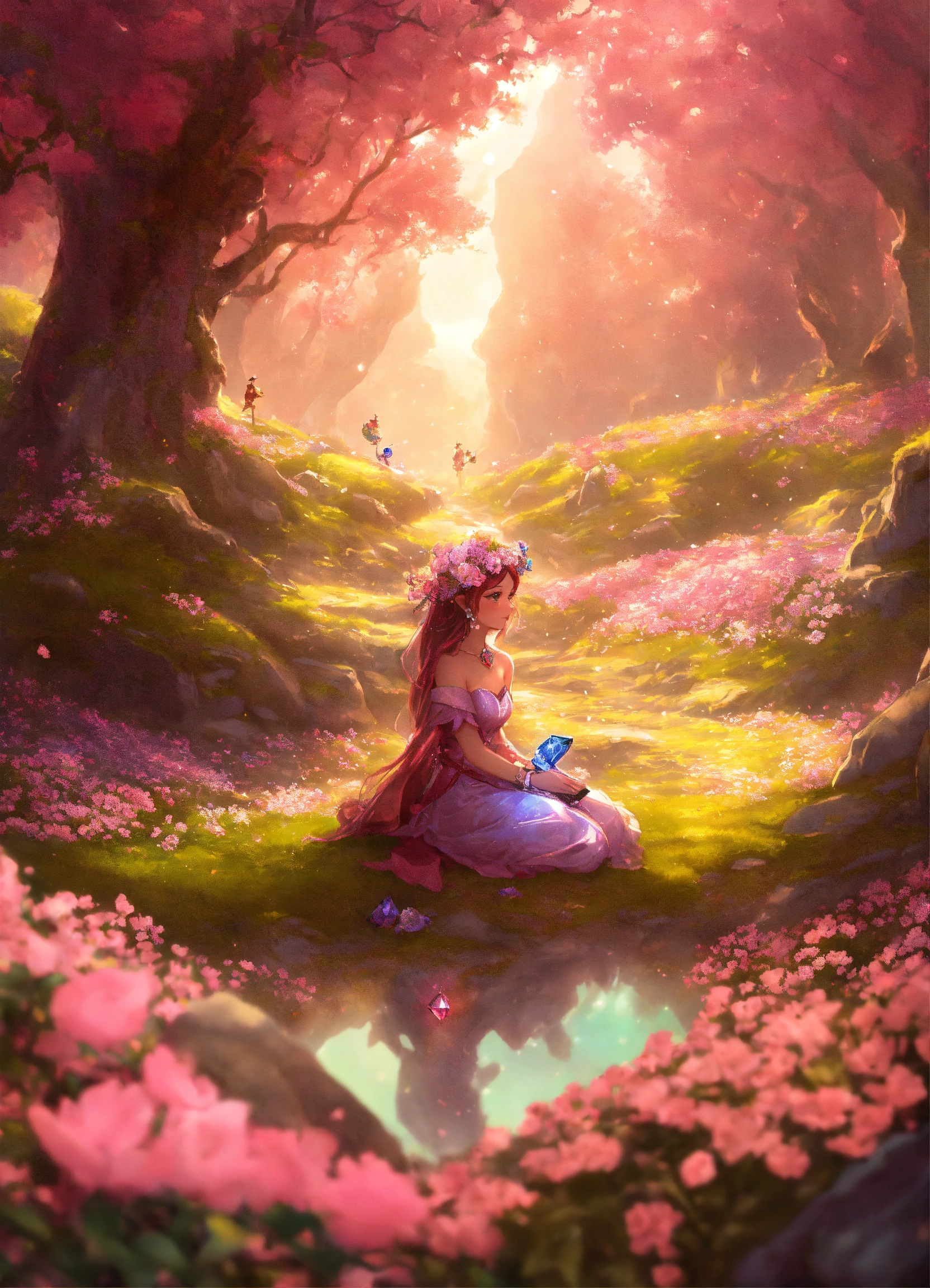 Lexica - Magical gemstone pixies, pink, land covered in flowers, dnd, fantasy, mystic glade, hd
