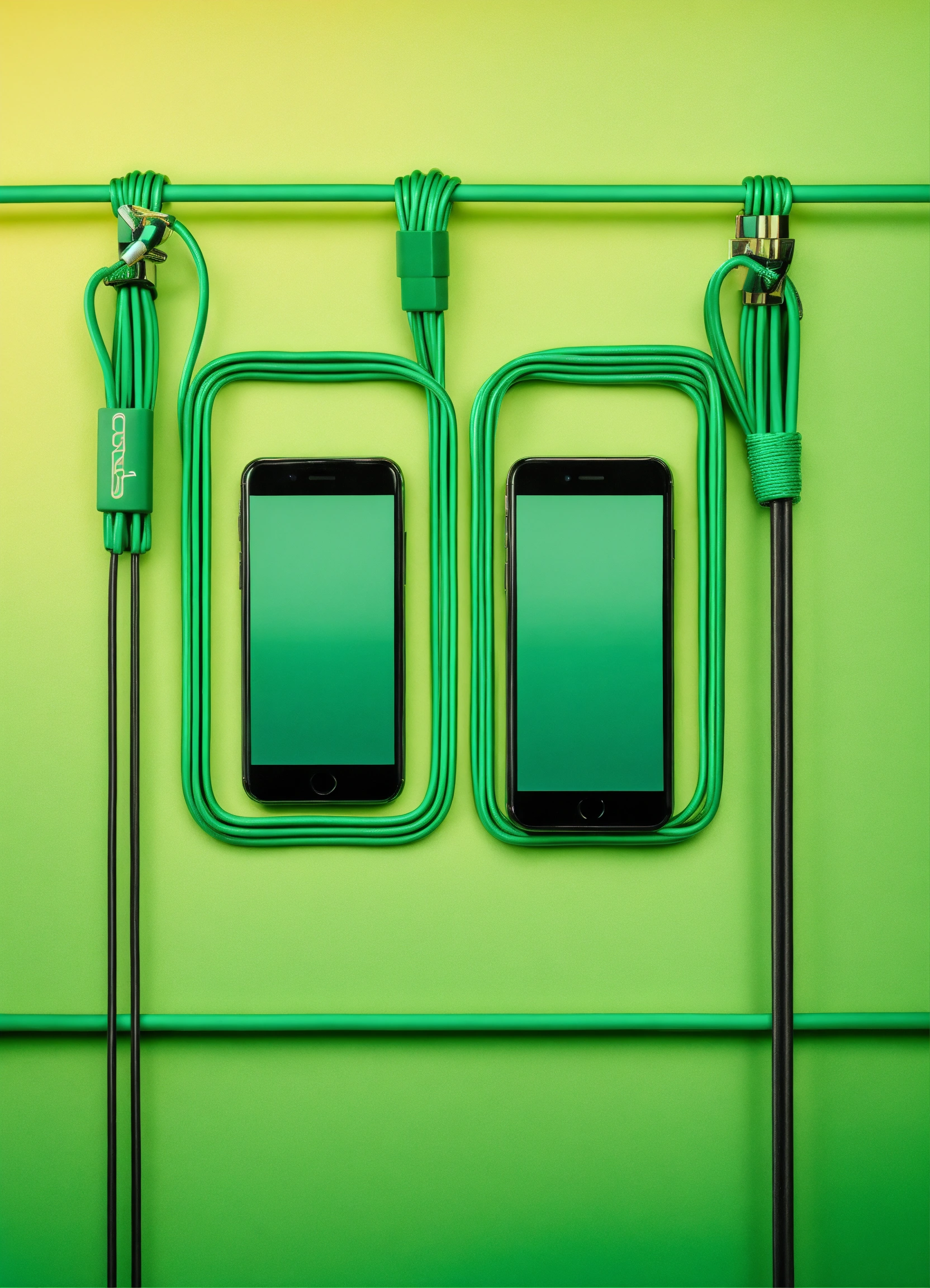 Lexica - Three suspended green bungee cords in knot, cords holding ...