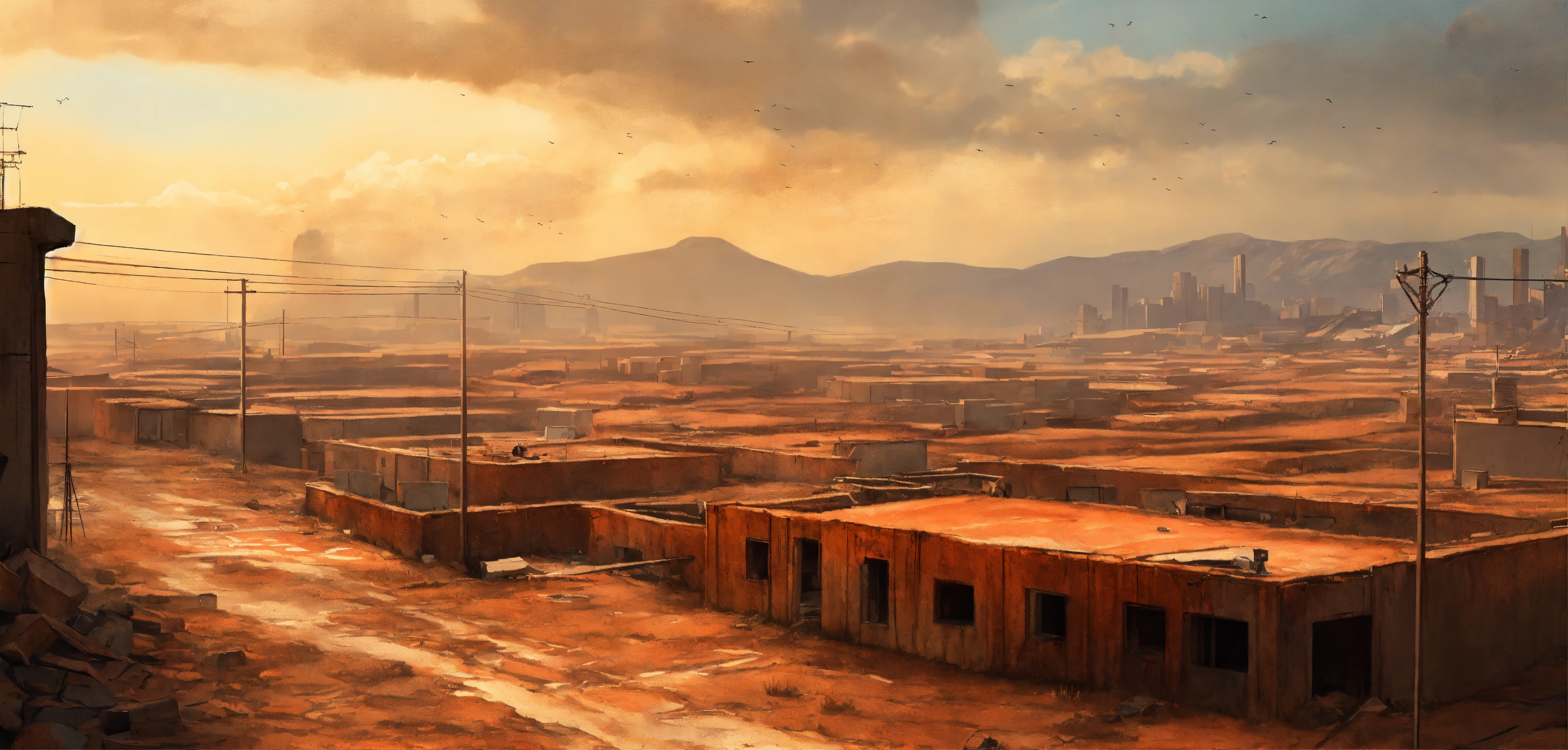 Lexica - Conept art, wasteland, small town in the distance, concrete ...