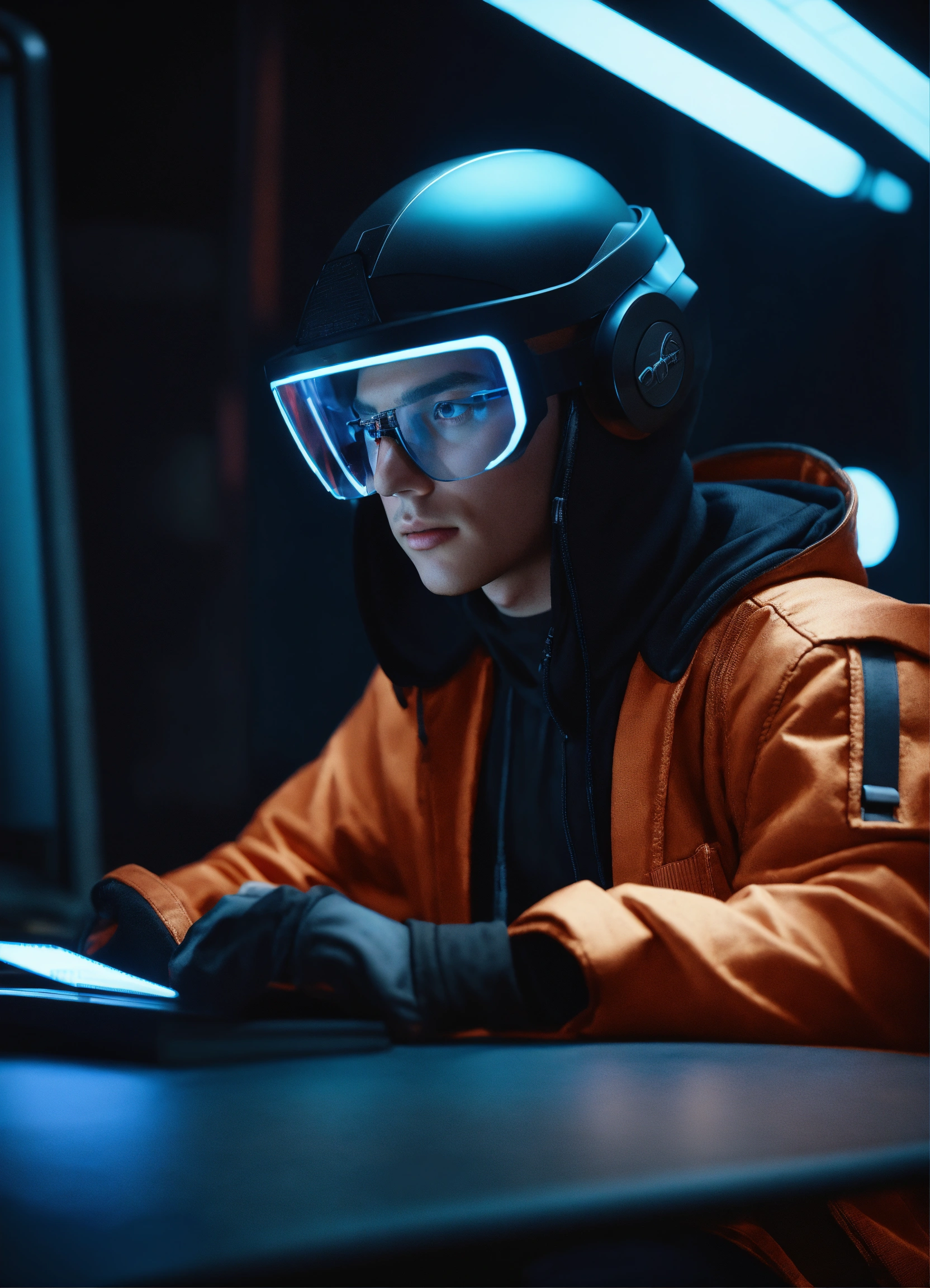 Lexica - Nerdy 20 year old male hacker wearing hi-tech tinted visor ...
