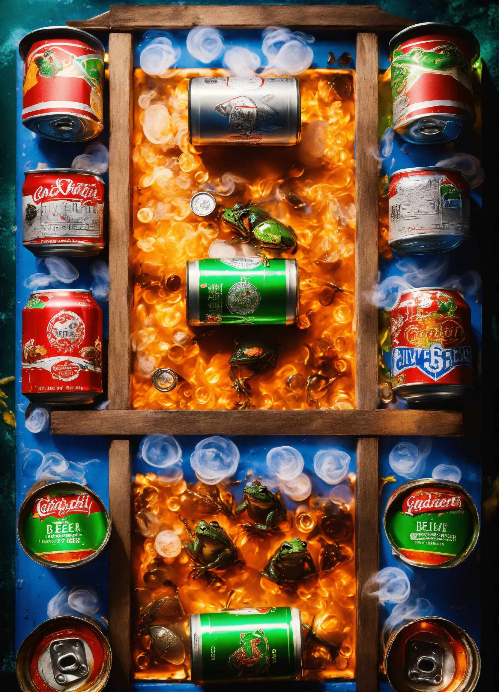Lexica - Game board. 6 beer cans, 2 silver texture frogs in the center ...