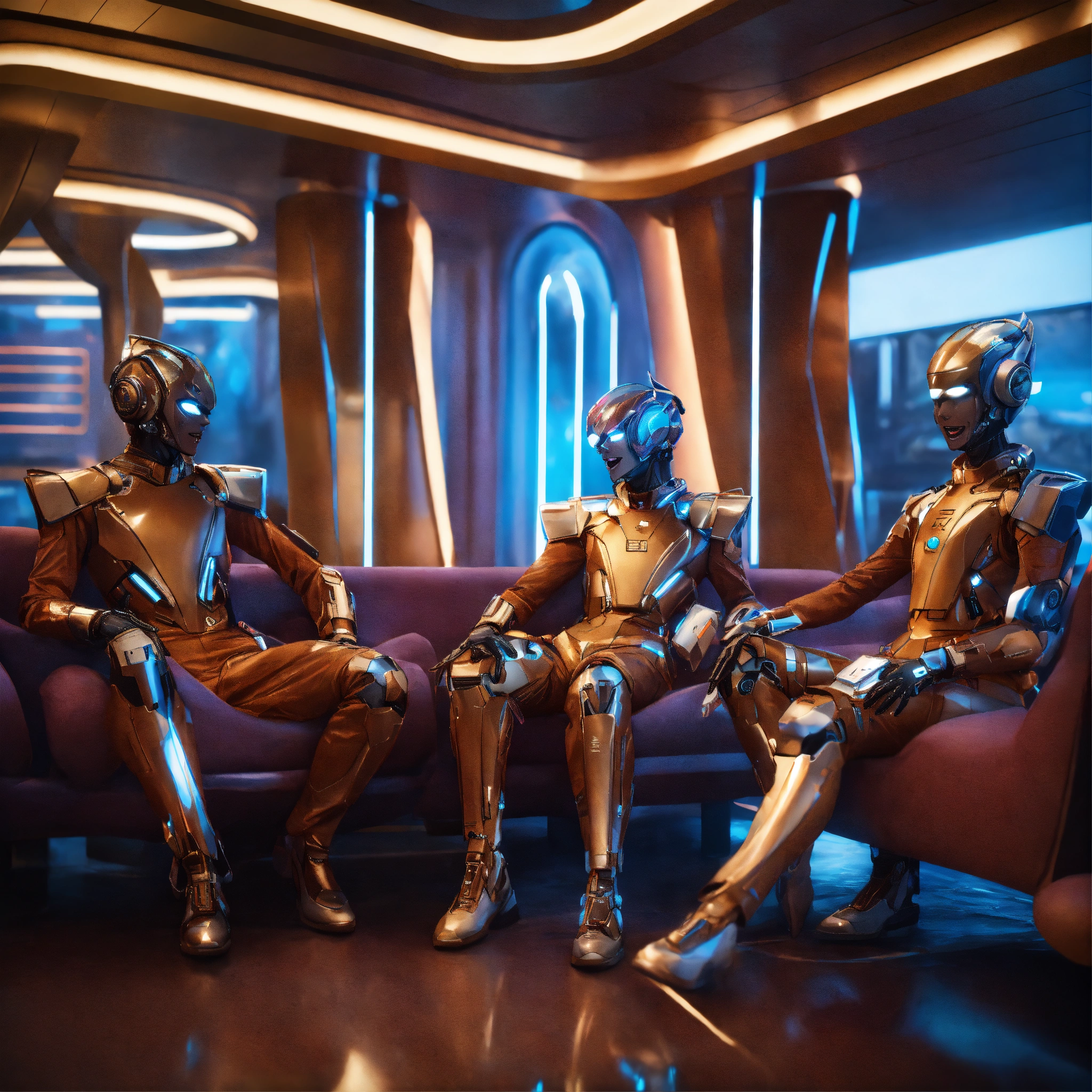 Lexica - Close up of 3 humanoid traveler in futuristic space clothes ...