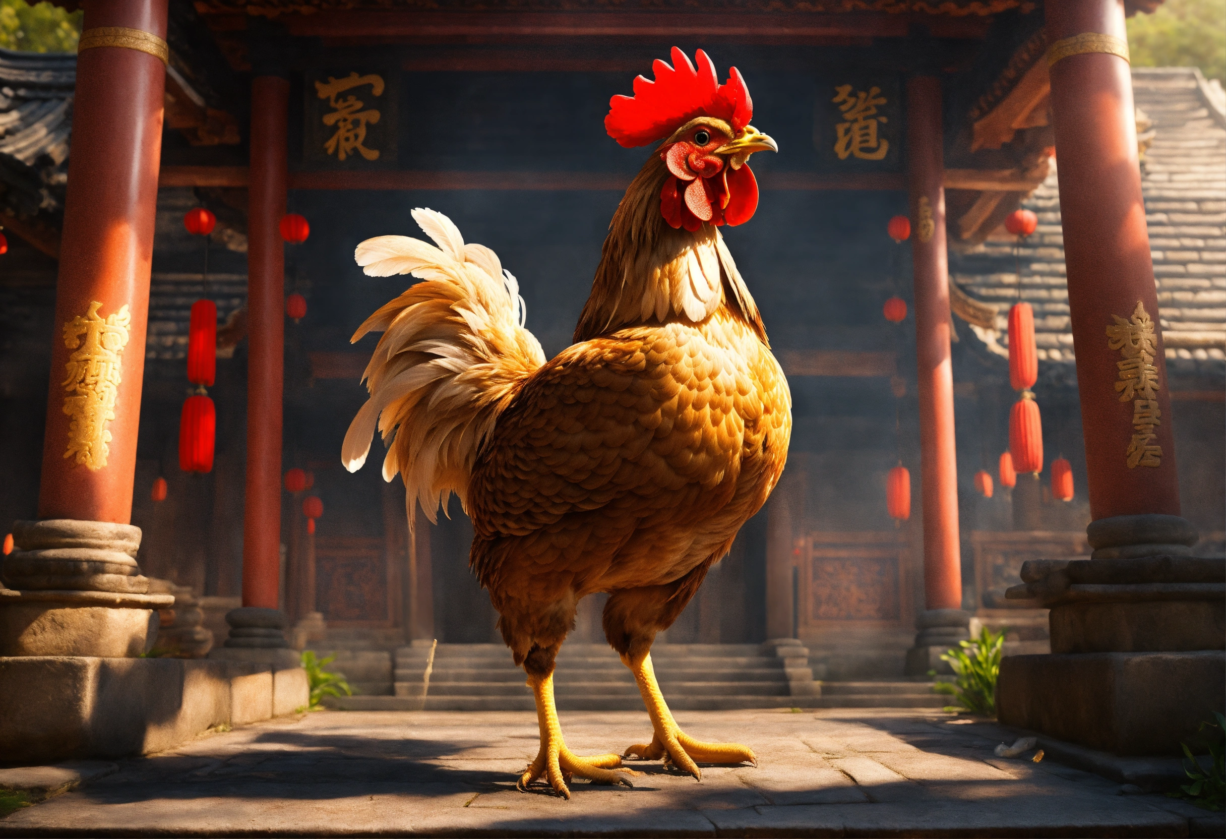 Lexica - Chicken Samurai. Ancient Temple. Hyper realistic.