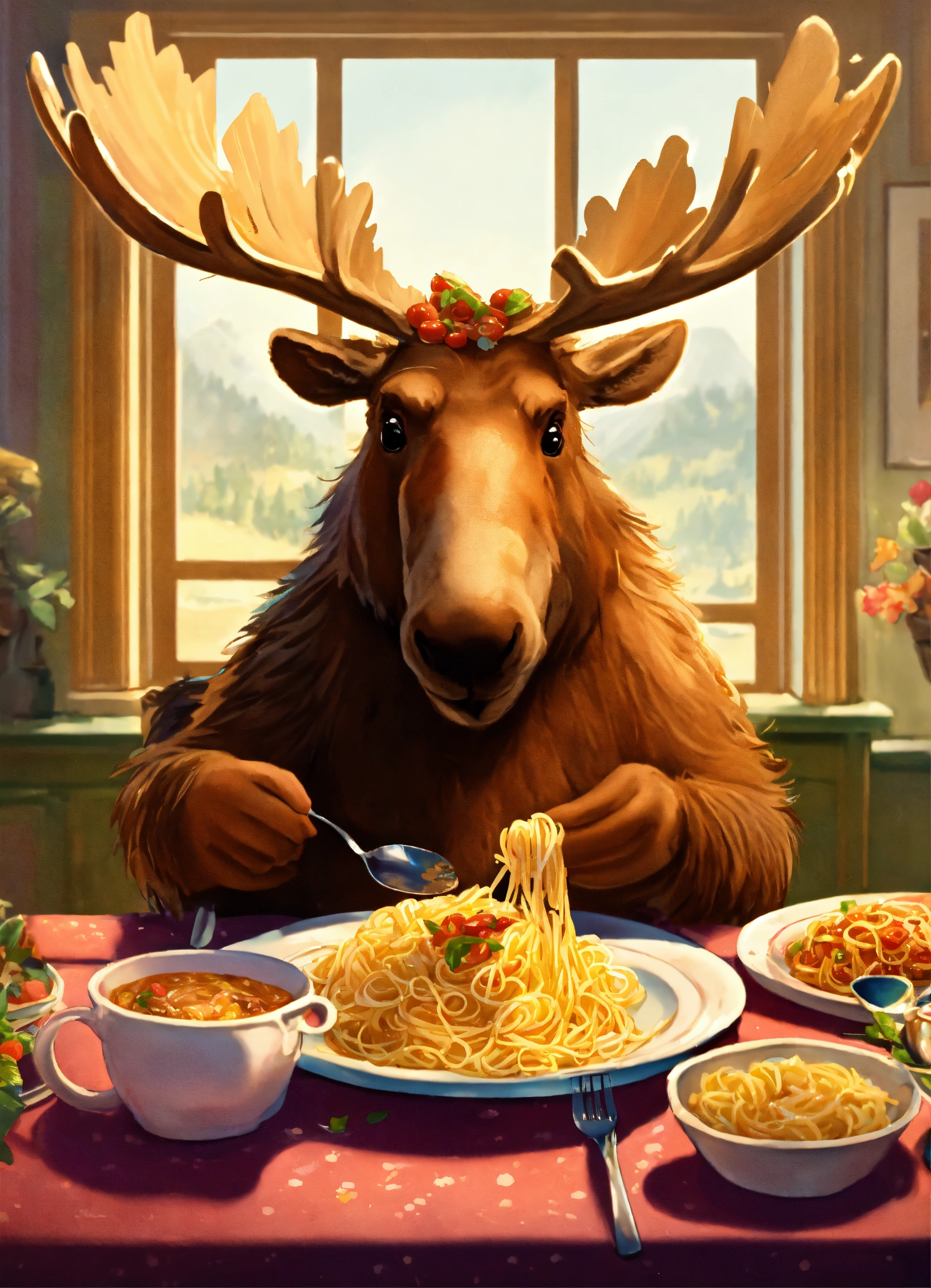 Lexica - A cute moose eating a pasta with a mouse wearing tu-tus at the ...