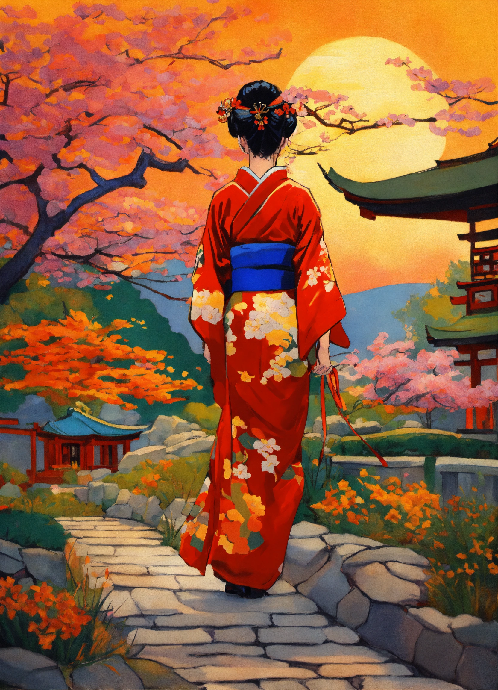 Lexica - Drawing of a geisha walking at sunset through a Japanese ...