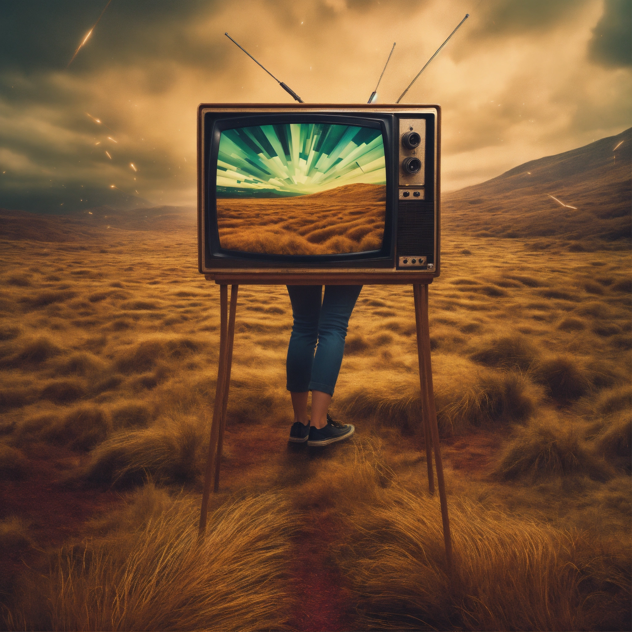 Lexica - Retro TV Static World Place a woman with long brown hair in a ...