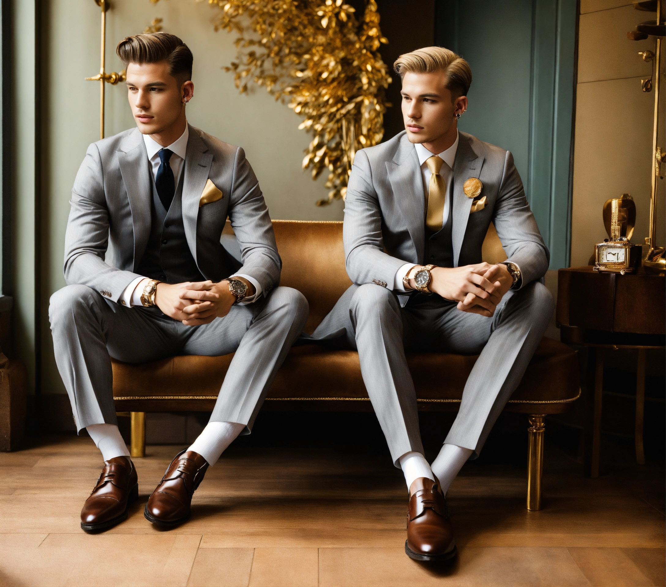 Lexica - Two young blonde and brunette male gentlemen in light grey ...