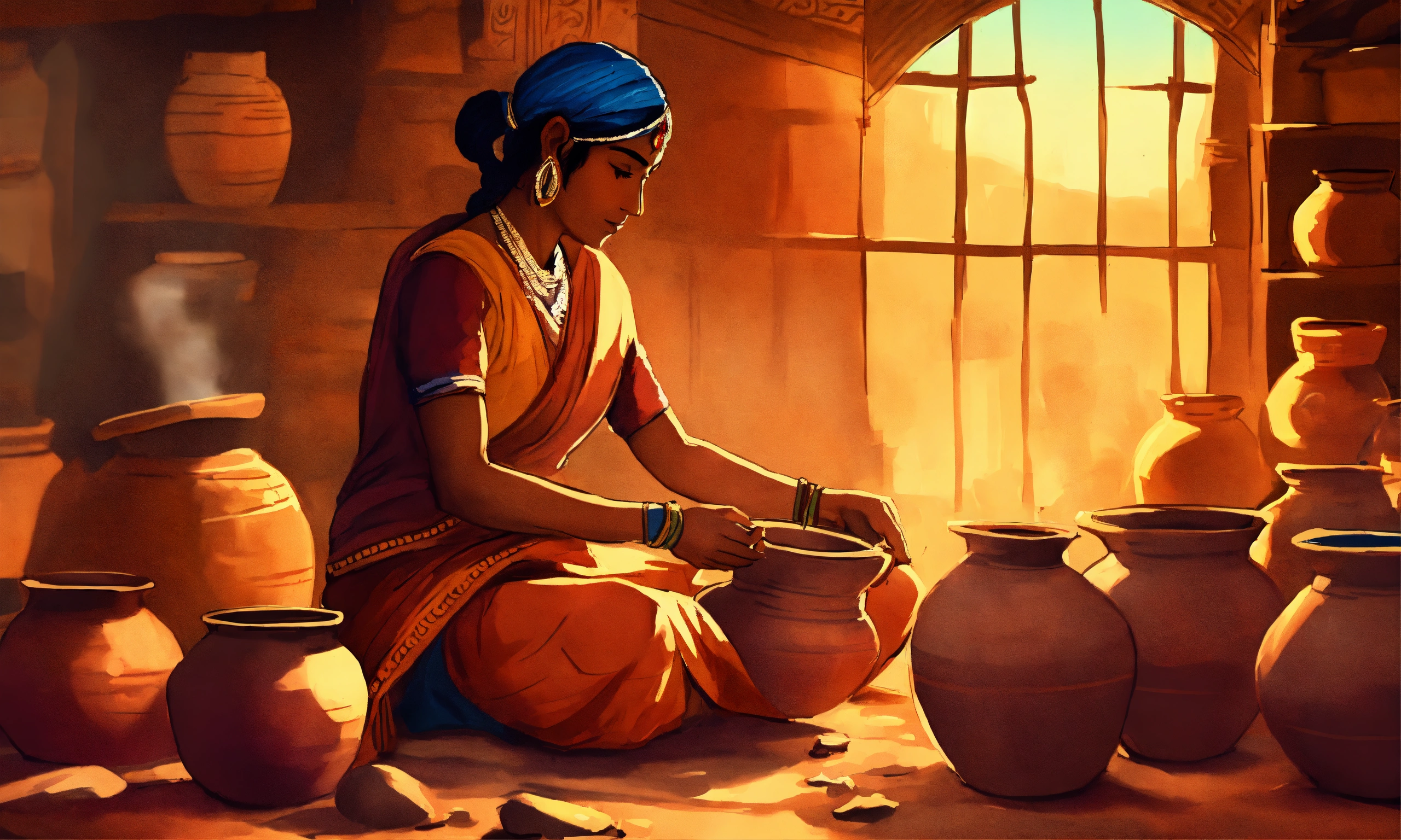 Lexica - A hand drawn painting of an Indian potter making pots, 4K ...