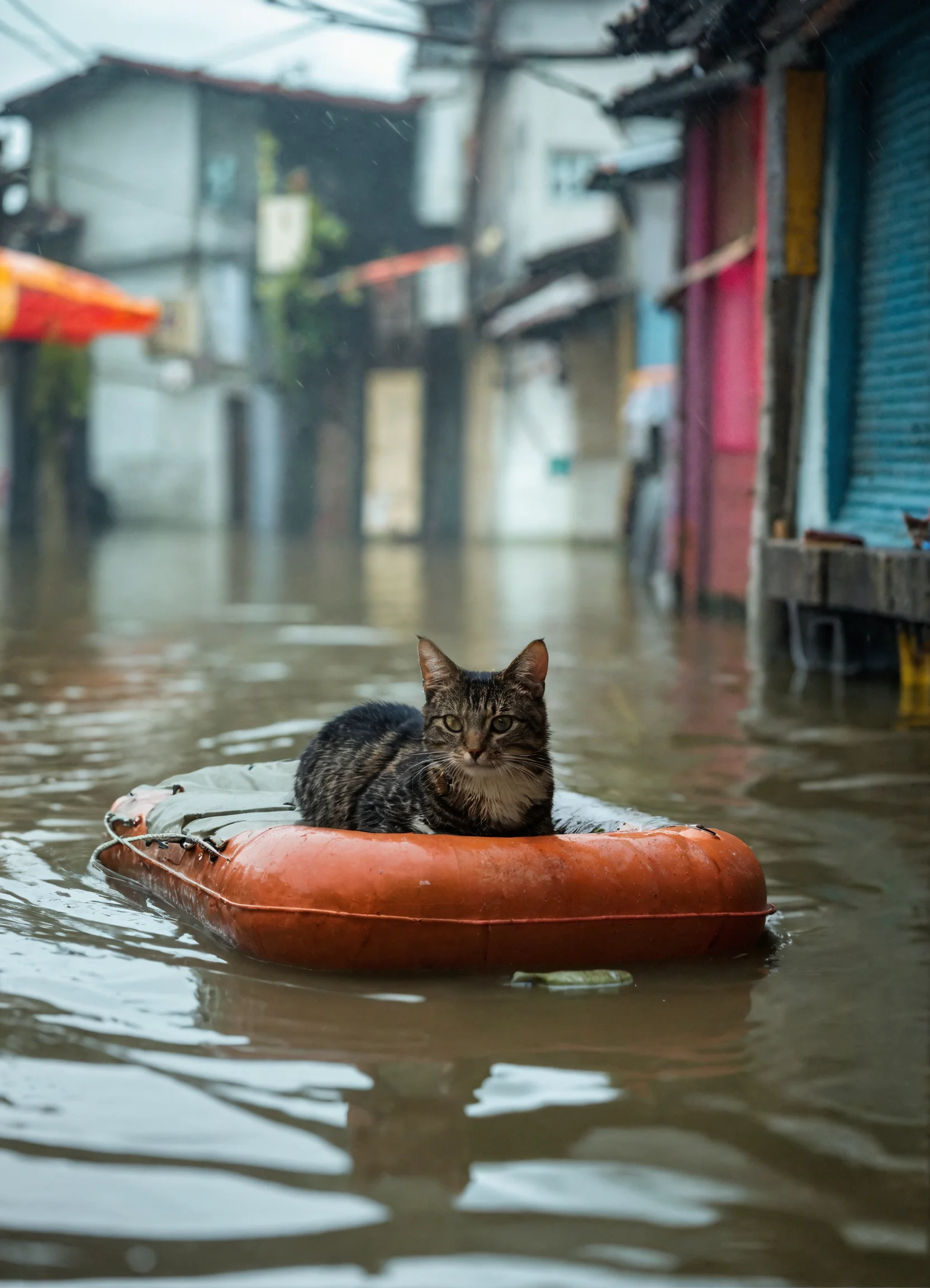 Lexica - A cat floats on a raft along the street of a flooded city.