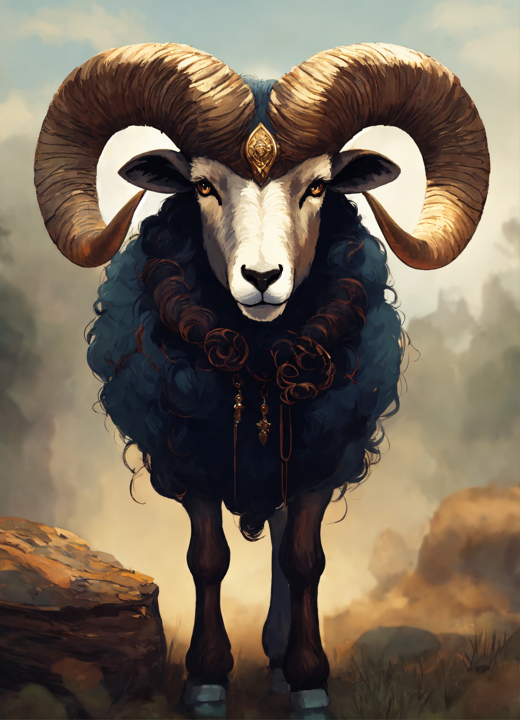 Lexica - Concept art of a ram with long curly horns and strong front legs