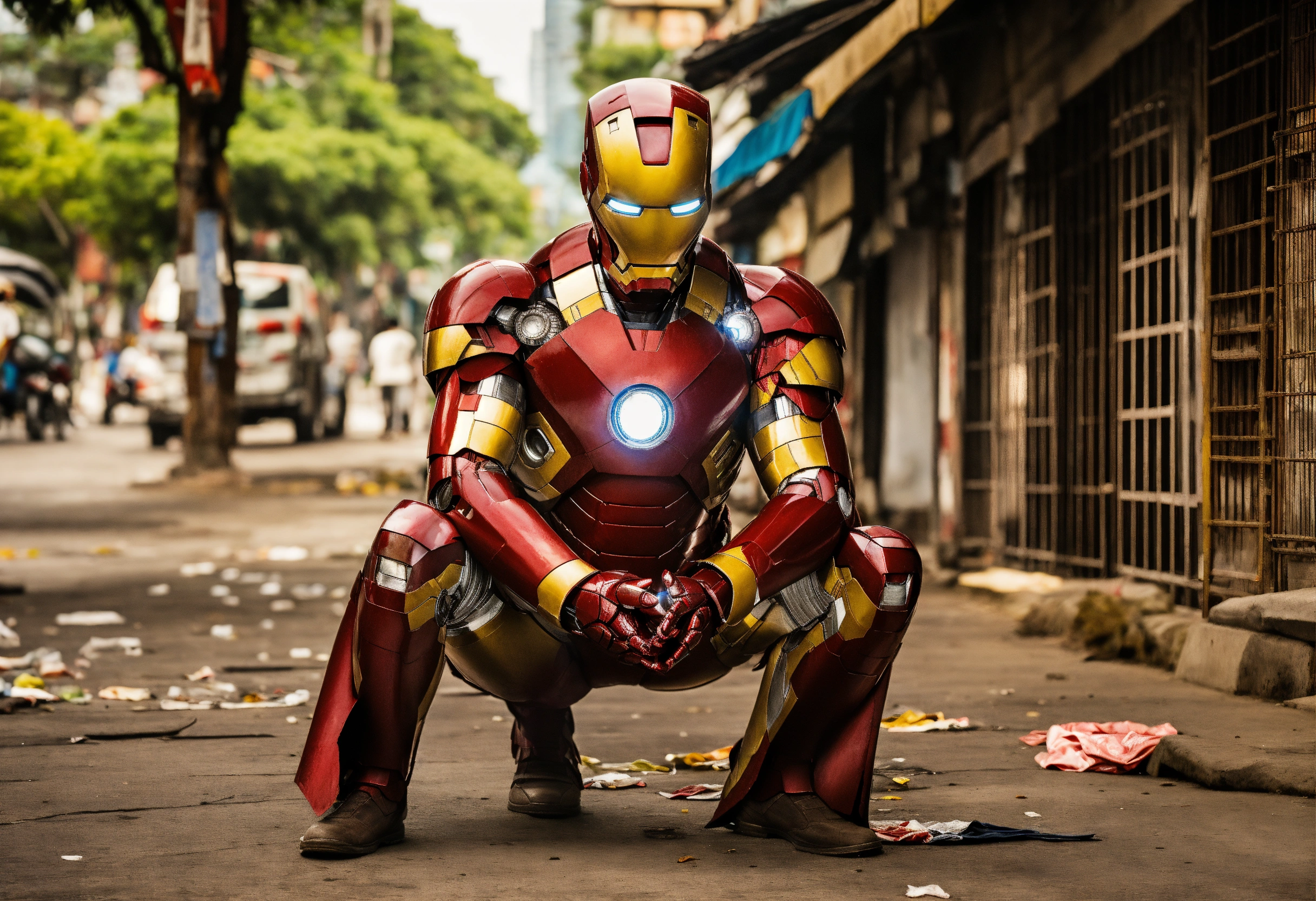 Lexica - Iron man as beggar, begging money, worn out costume ...