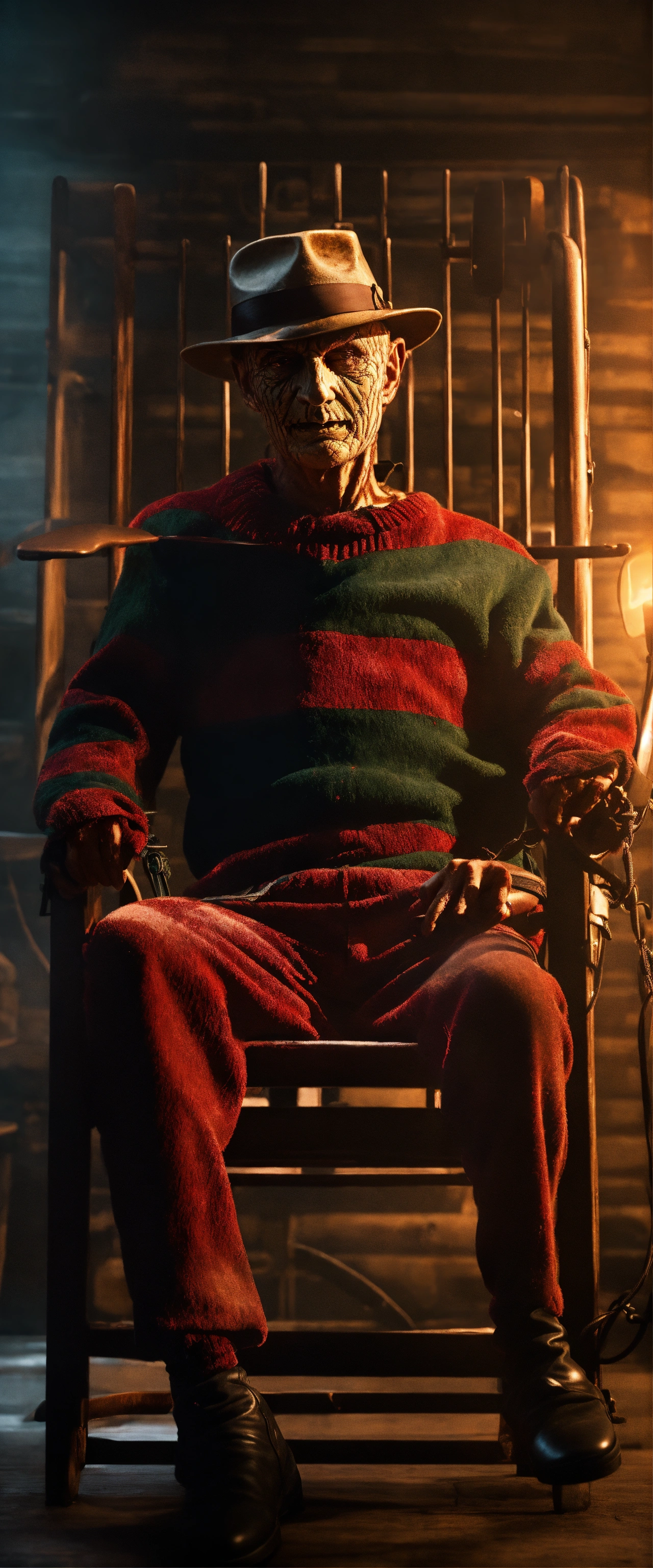 Lexica - Freddy Krueger sitting on an electric chair in the foreground ...