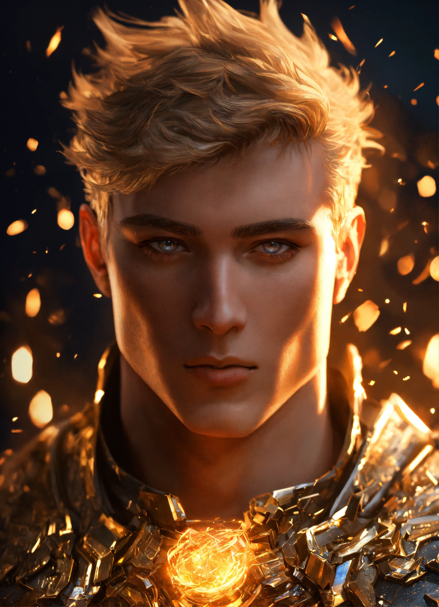 Lexica - "legendary man light god", light hair, embers, sparks, head ...