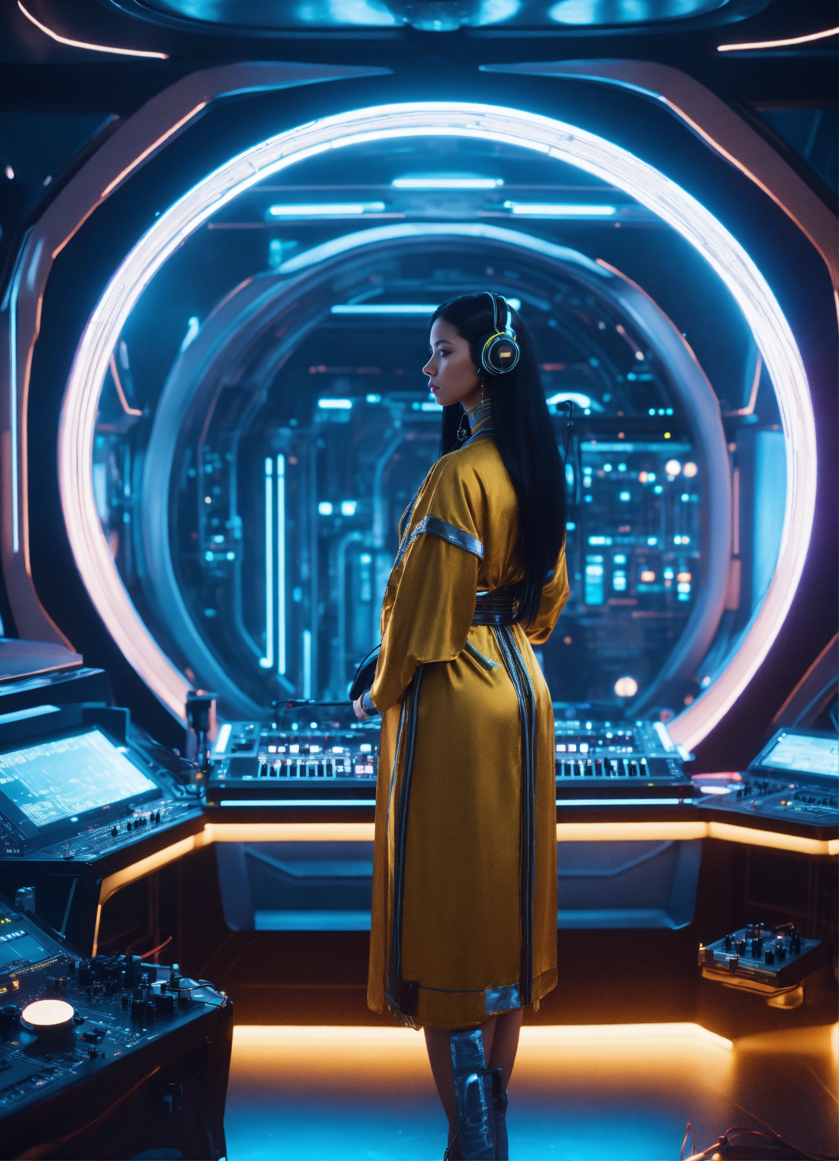 Lexica - Girl with long straight black hair in futuristic robe with hi ...