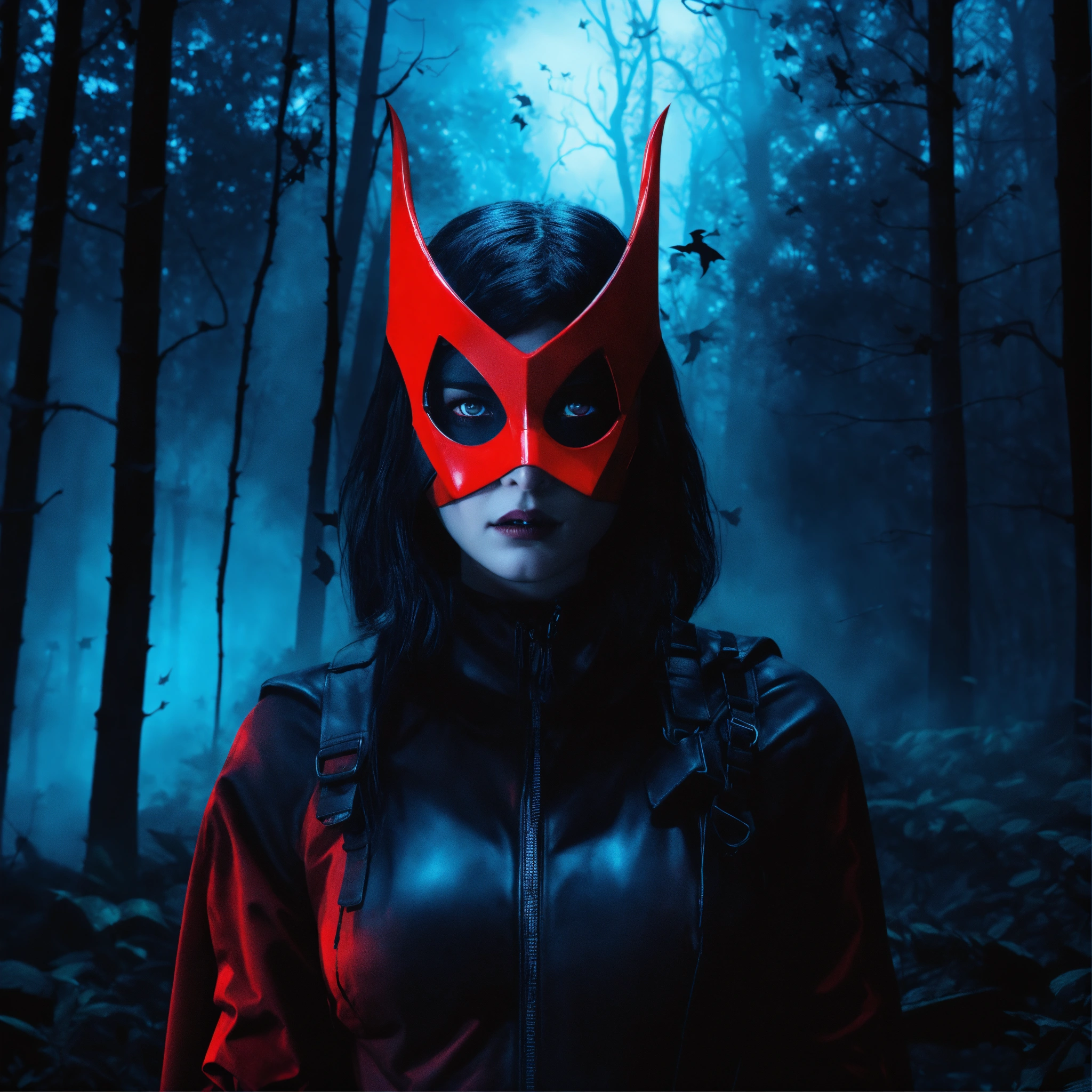 Lexica - Eerie girl in a hero-like red mask, (pitch black bat-like ...