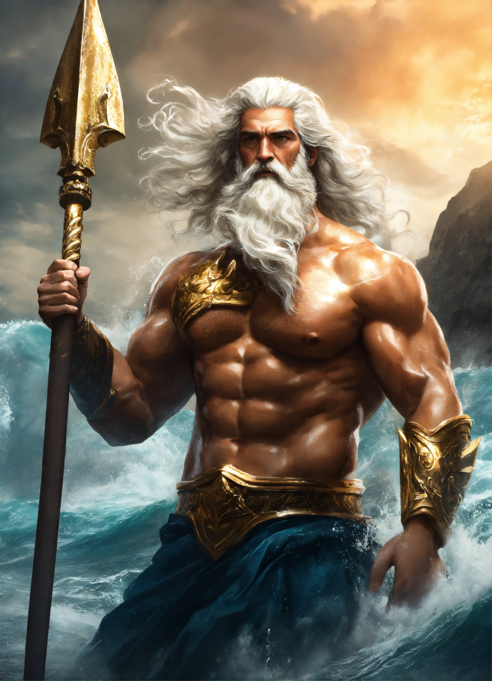 Lexica - God Poseidon emerging from a raging sea, ready to throw his ...
