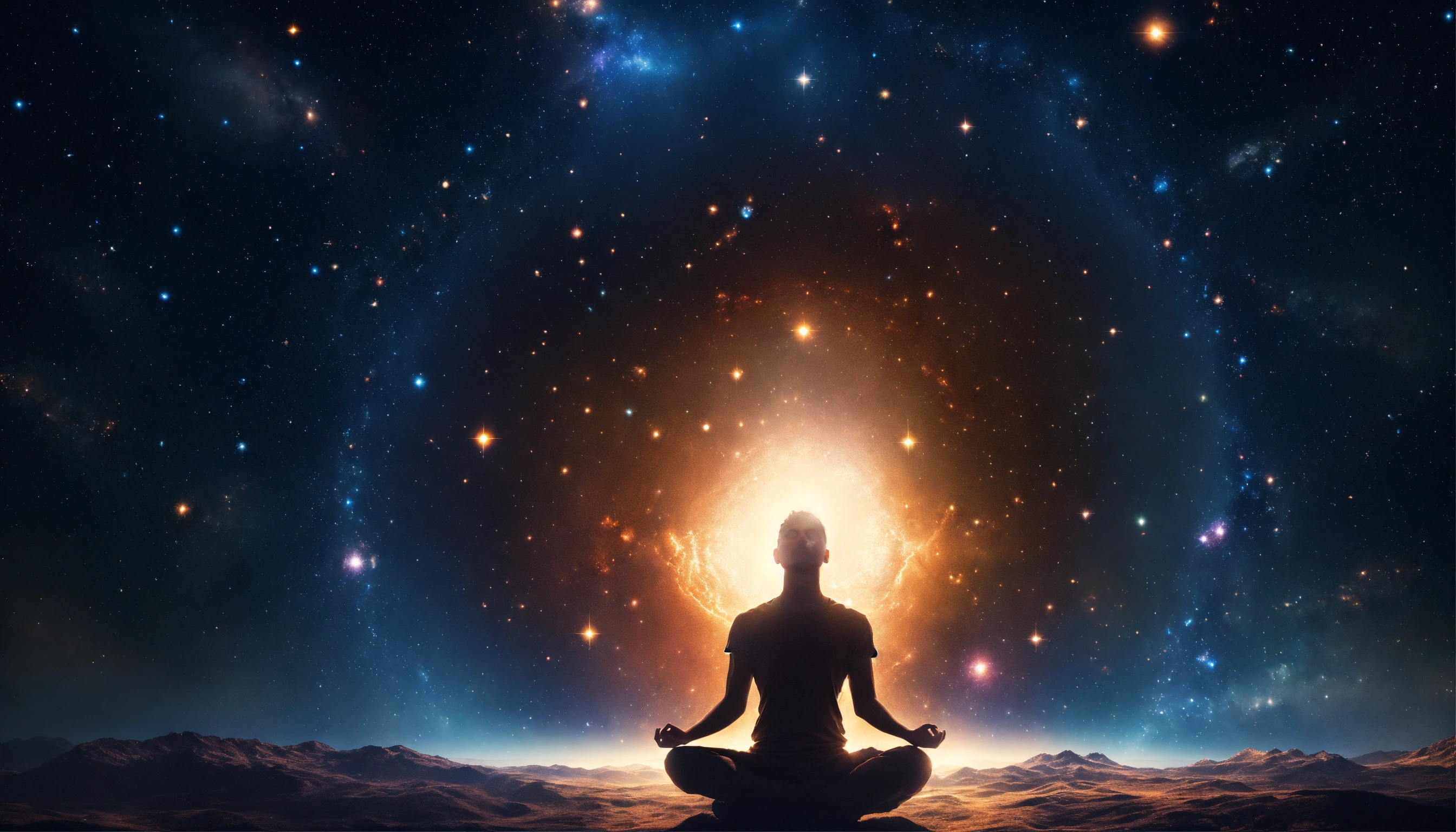 Lexica - Cosmic darkness, person meditating in darkness with a light ...