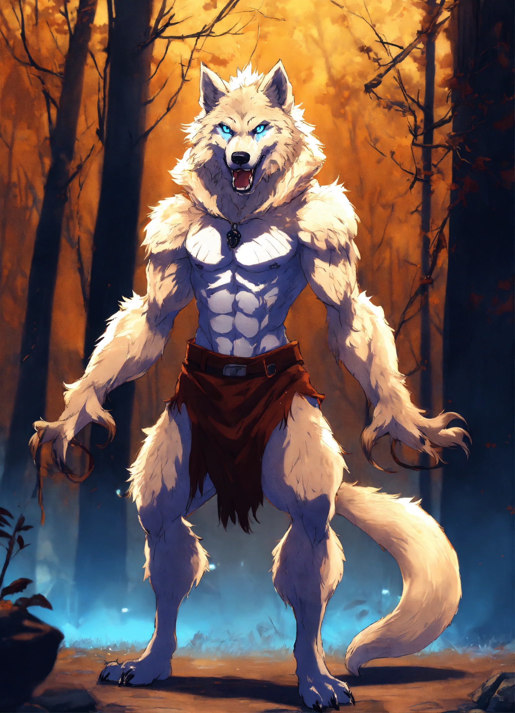 Lexica - Anime werewolf on hind legs, blonde fur, blue eyes, scary,