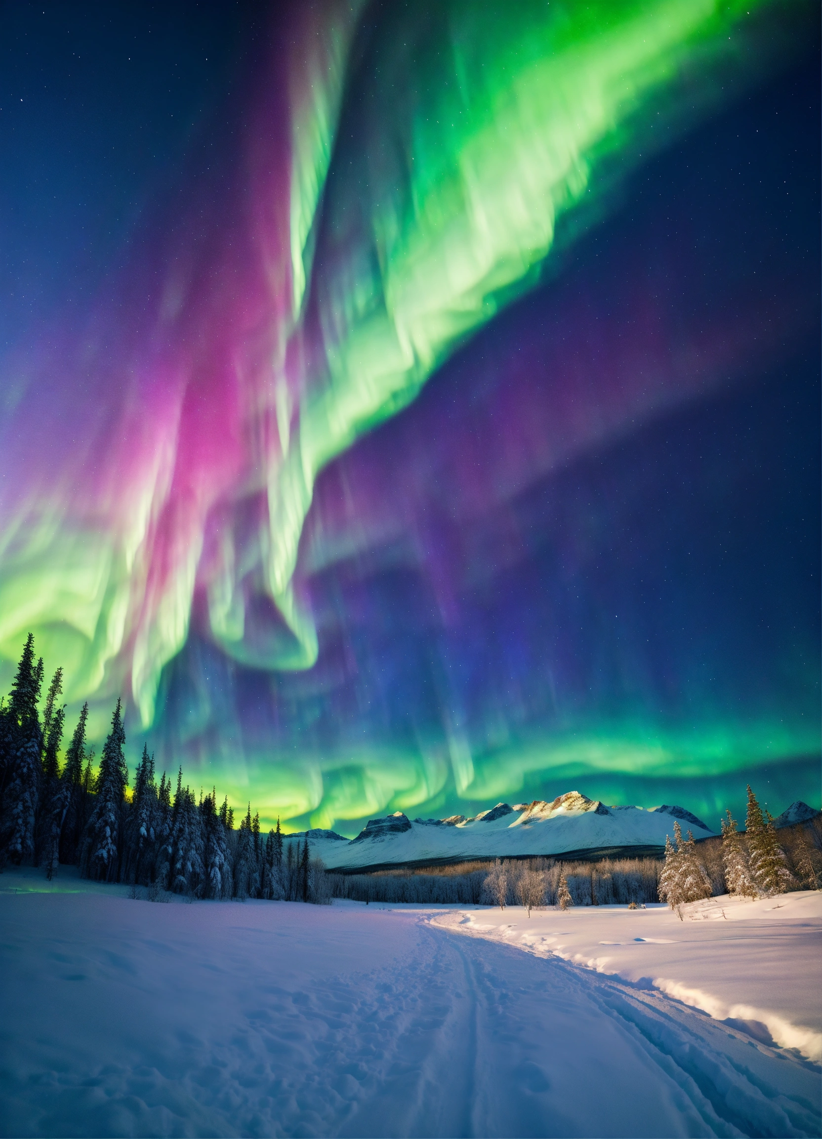 Lexica - Winter landscape with extremely colorful aurora borealis ...