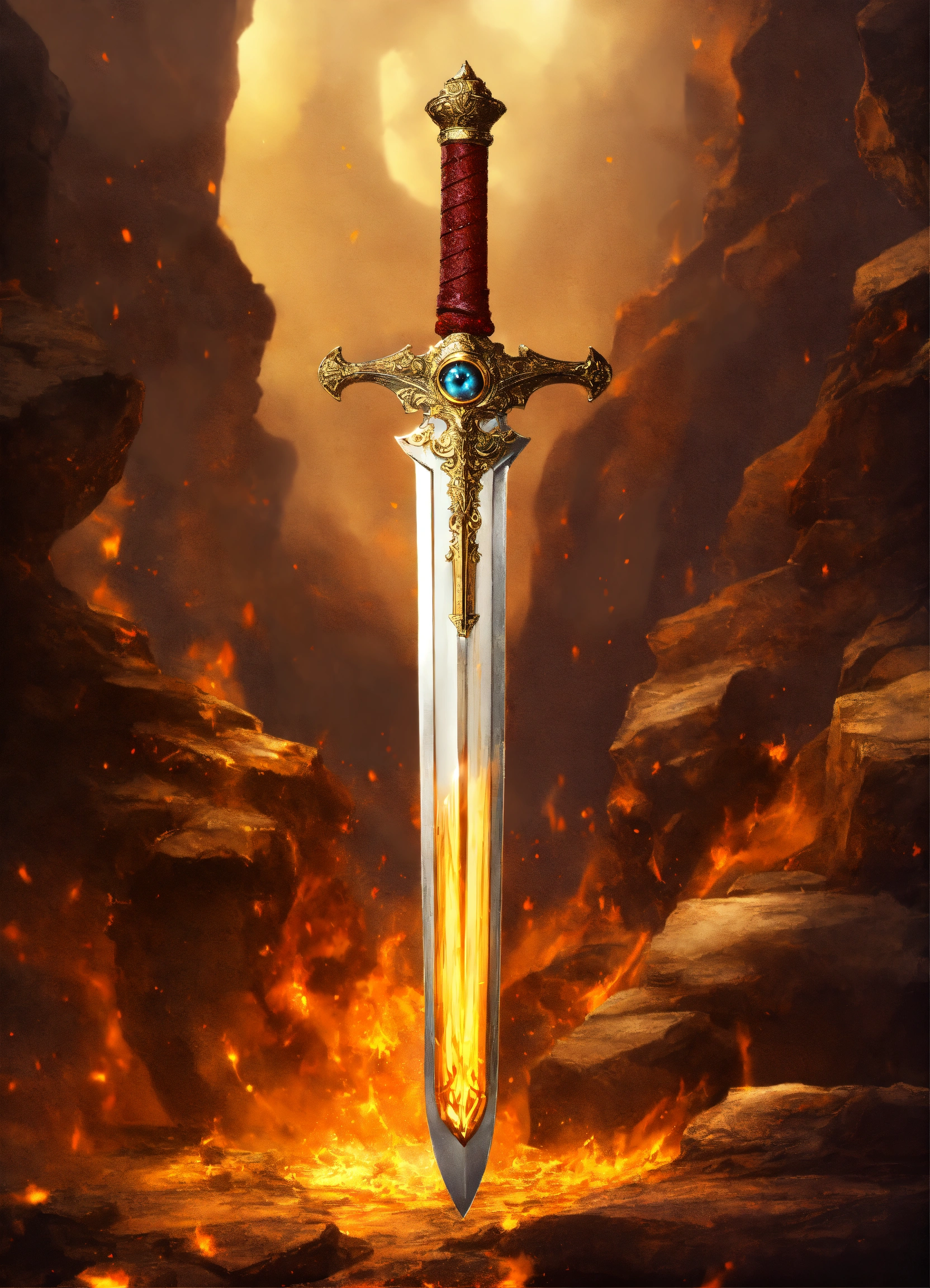 Lexica - Sword made of fire, gold and stone, with an eye on the handle.