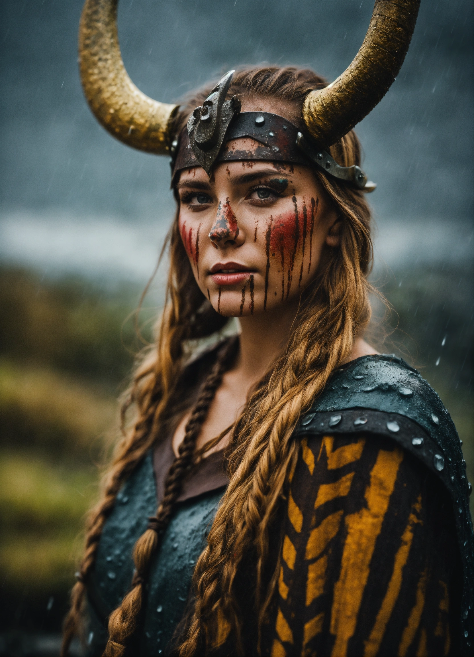 Lexica - Horned viking woman in rain with warpaint