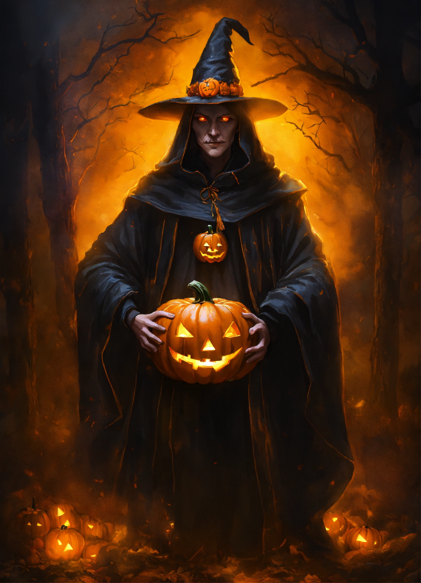 Lexica - Spooky wicked conjurer with orange eyes wearing a robe, carved ...