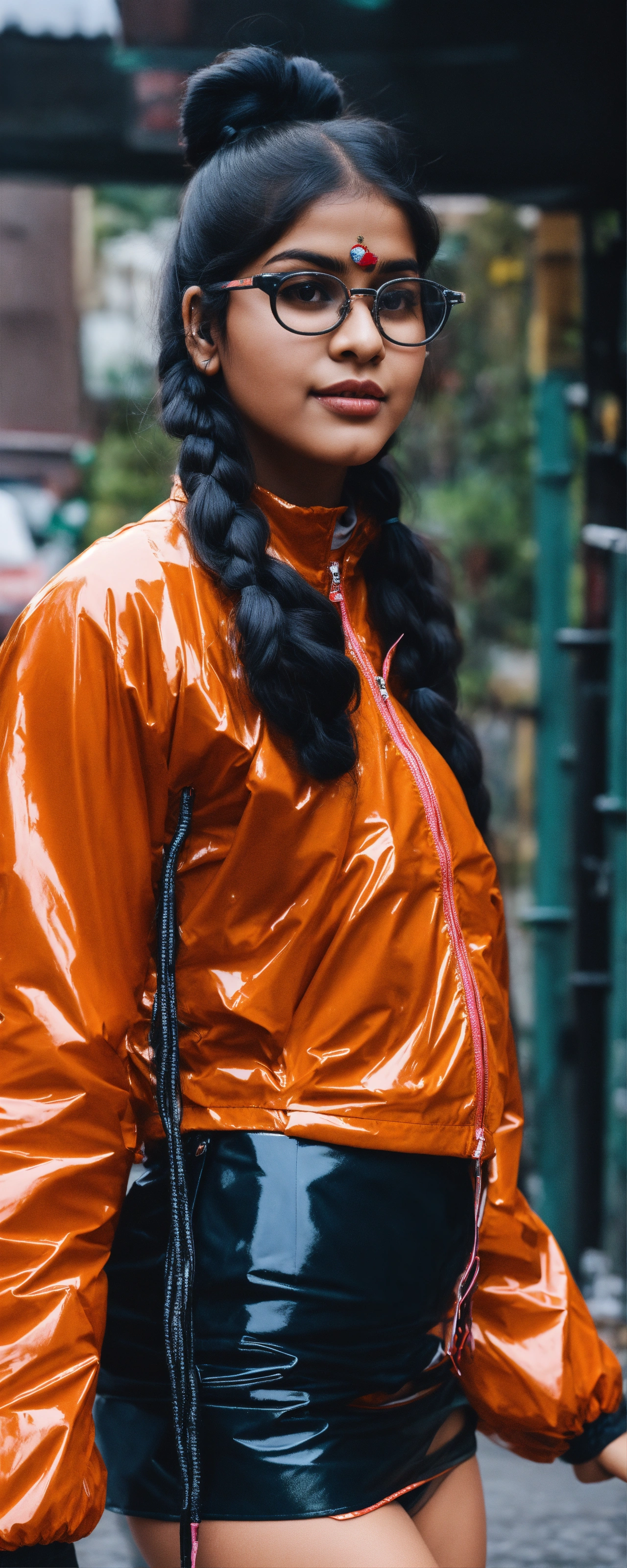Lexica - Indian girl with long fluffy pigtails glasses, shiny rainjacket, miniskirt and knee boots